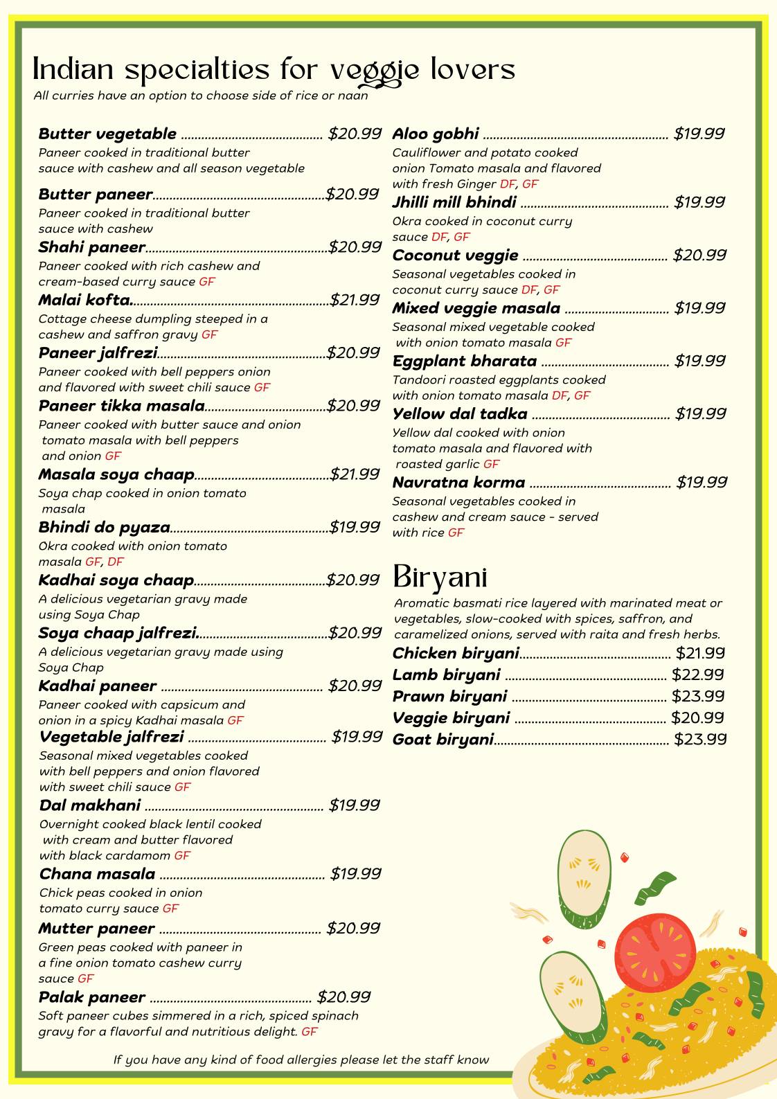Menu at The Coriander Indian Restaurant, Victoria