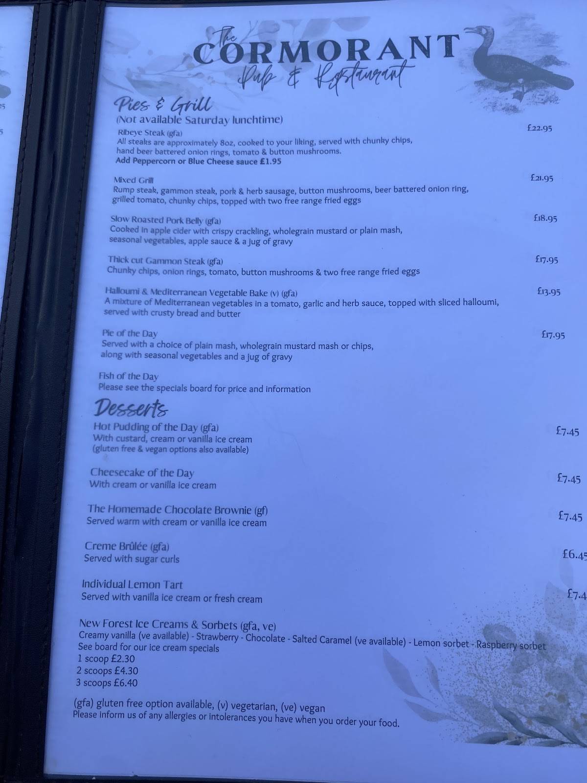 Menu at The Cormorant Pub & Restaurant, Portchester