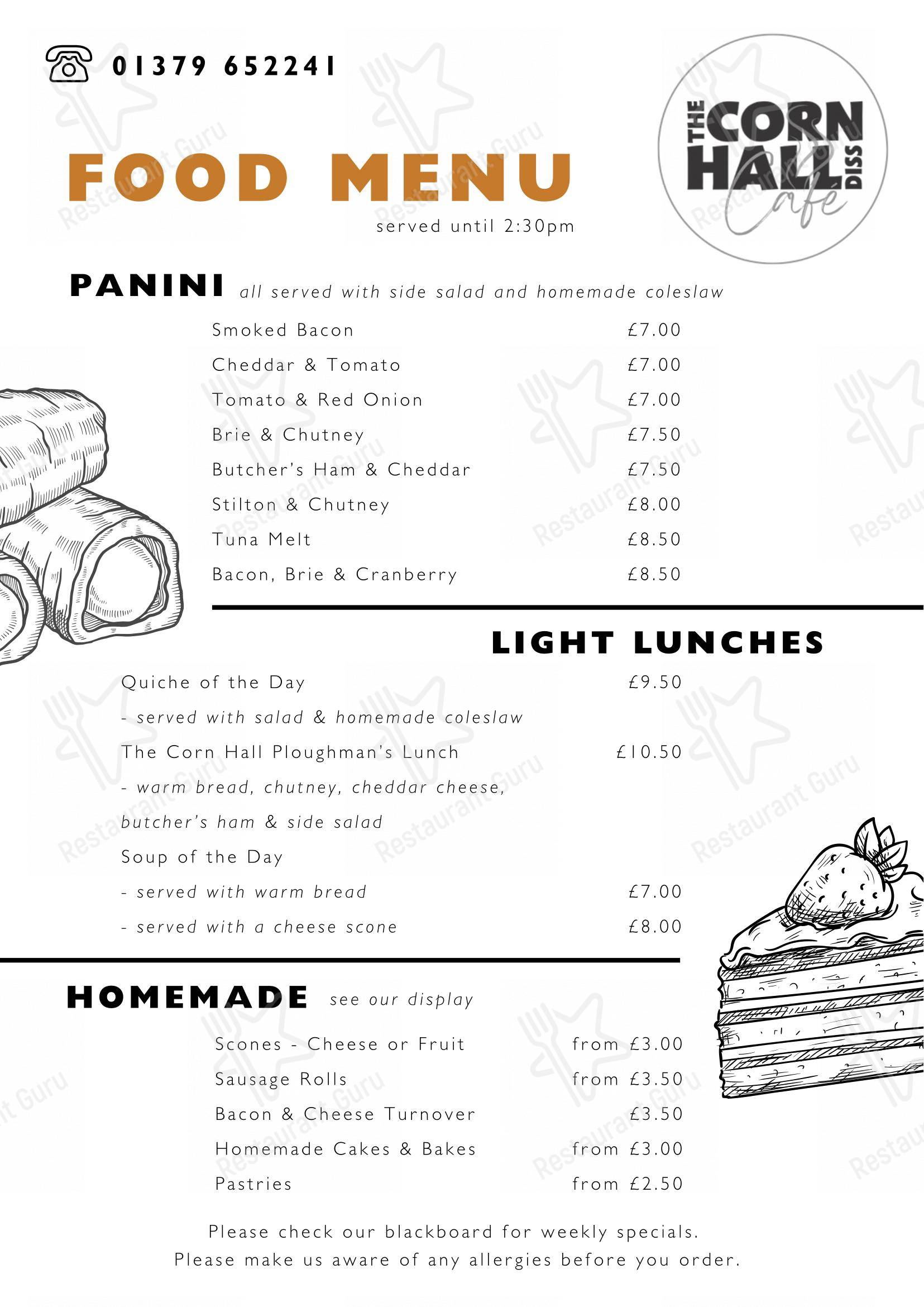 Menu at The Corn Hall Cafe, Diss