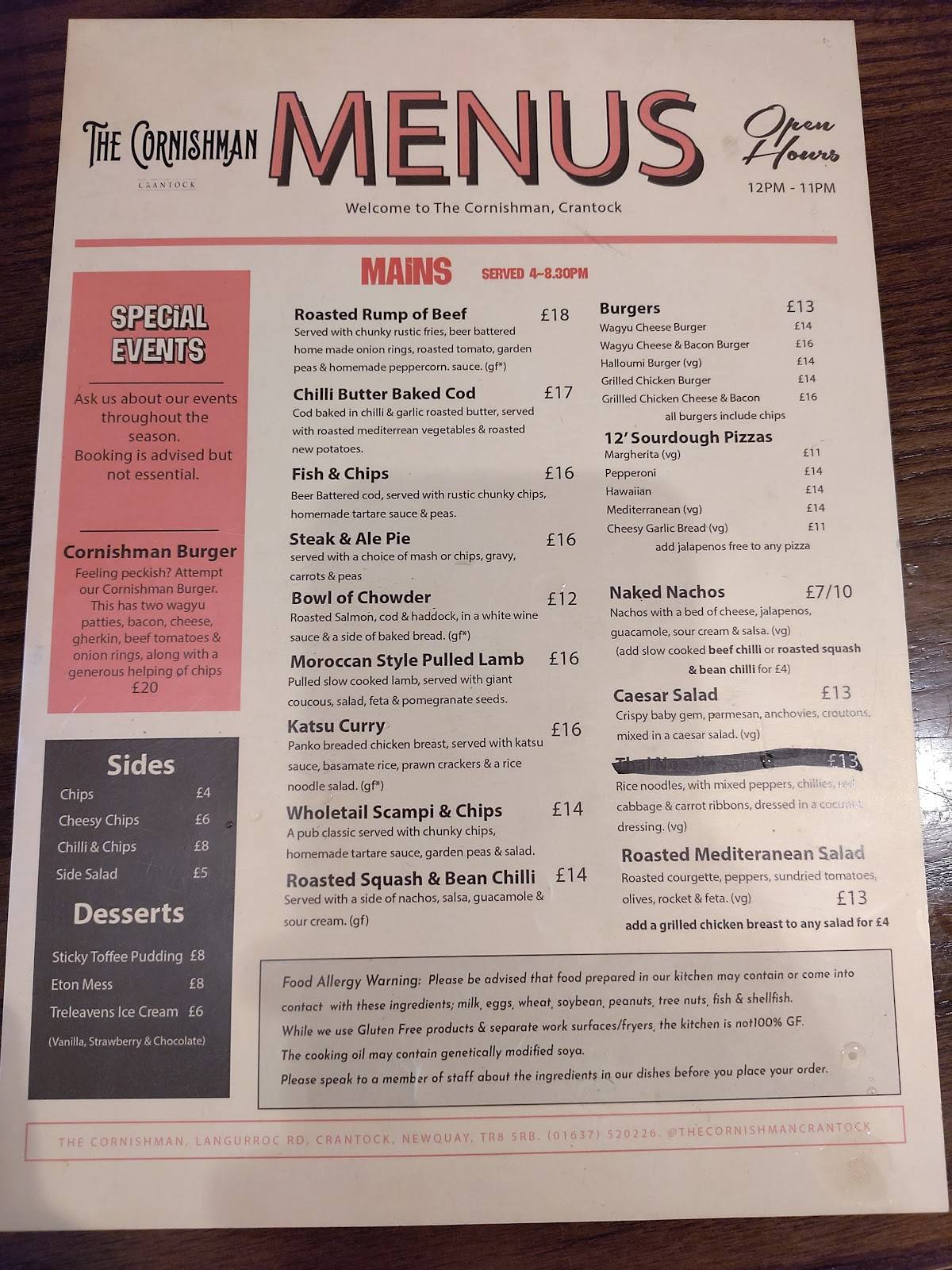 Menu at The Cornishman, Crantock pub & bar, Newquay