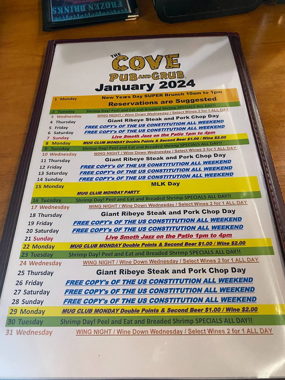 Menu at The Cove Resort and Pub, Inverness, S Cove Camp Point