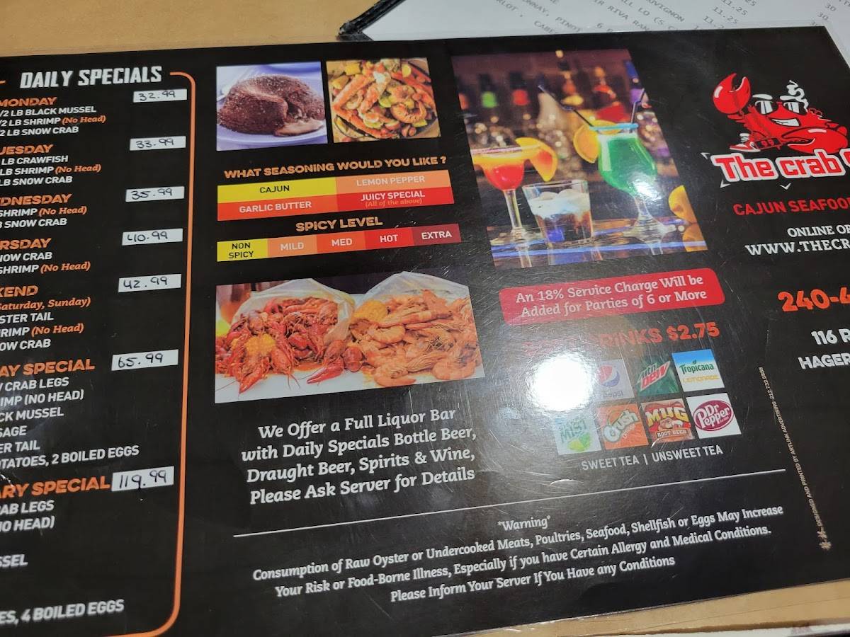 Menu at The Crab 99 restaurant, Hagerstown