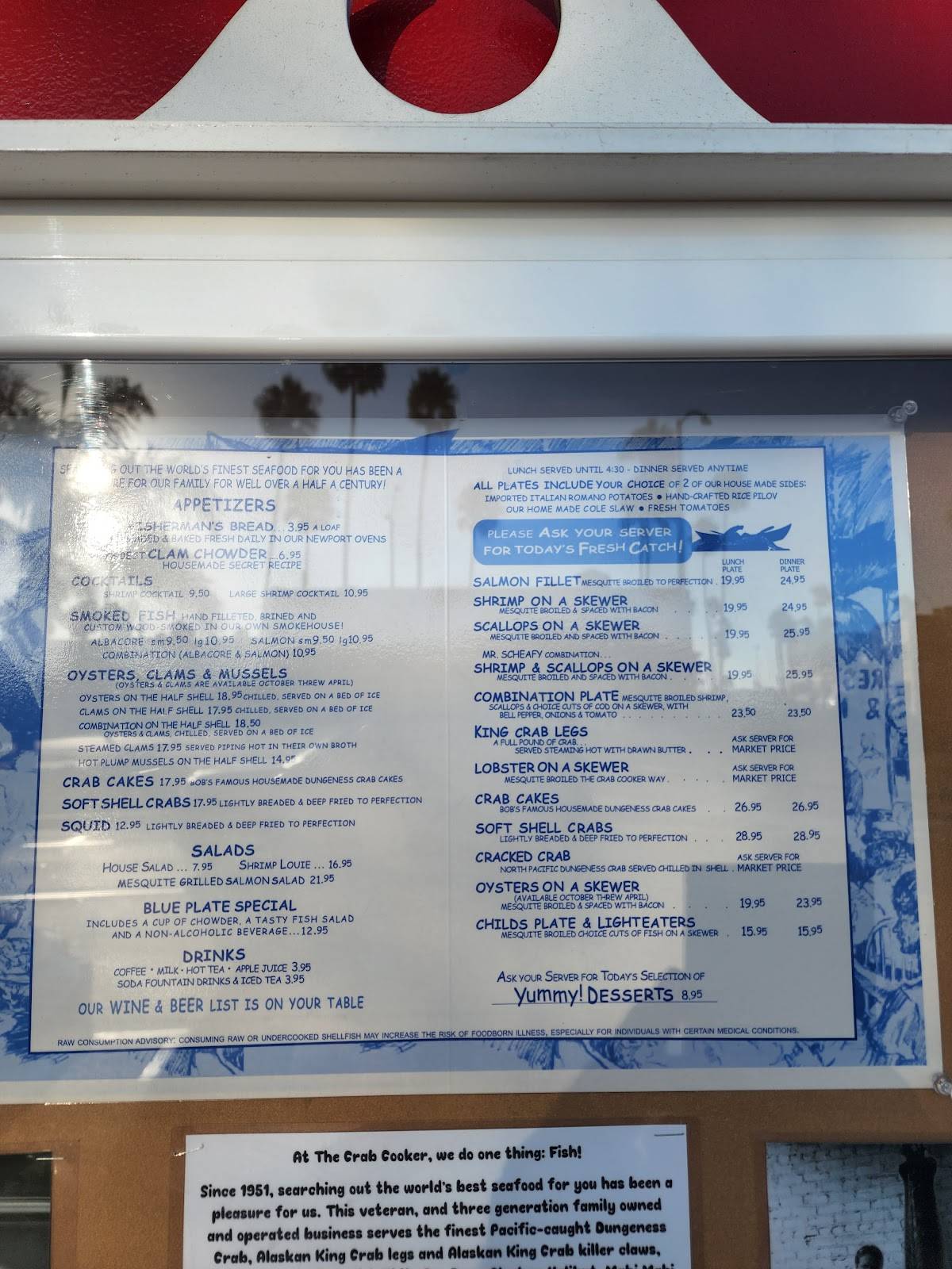 Menu at The Crab Cooker restaurant, Newport Beach, Newport Blvd