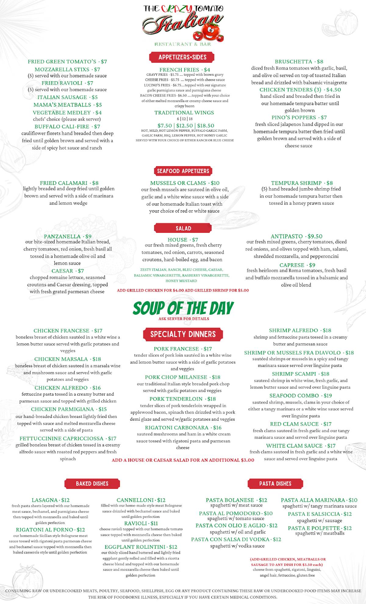 Carta de The Crazy Tomato • Italian Restaurant & Bar, McRae