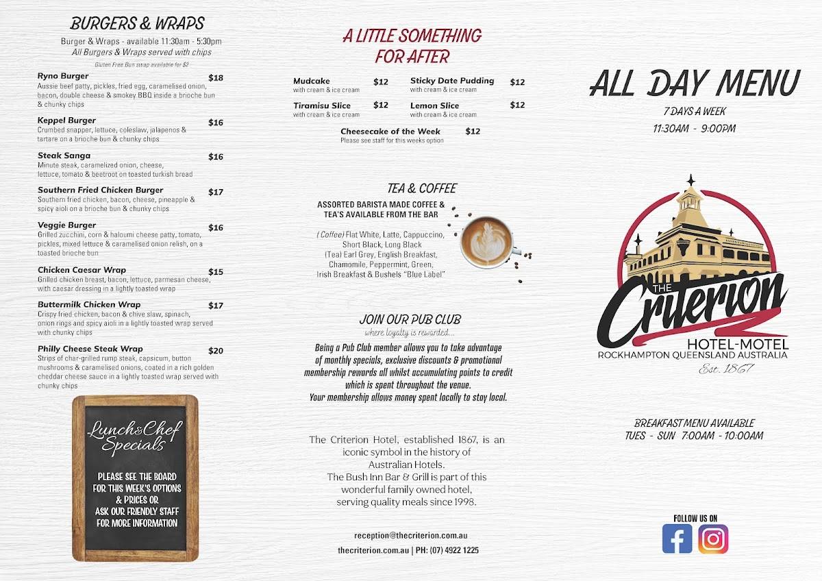 Menu at The Criterion Hotel Motel pub & bar, Rockhampton City