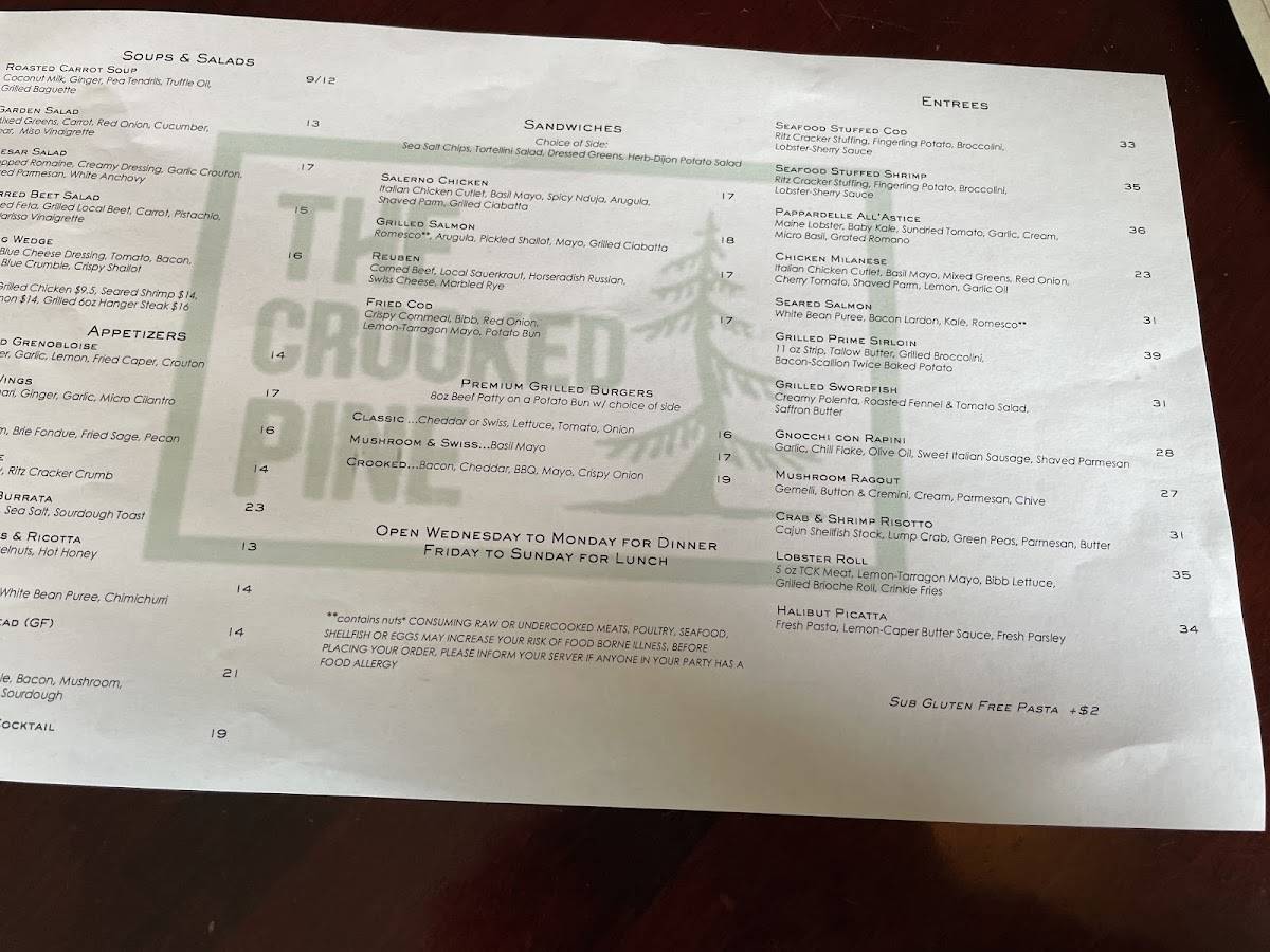 Menu at The Crooked Pine pub & bar, Ogunquit