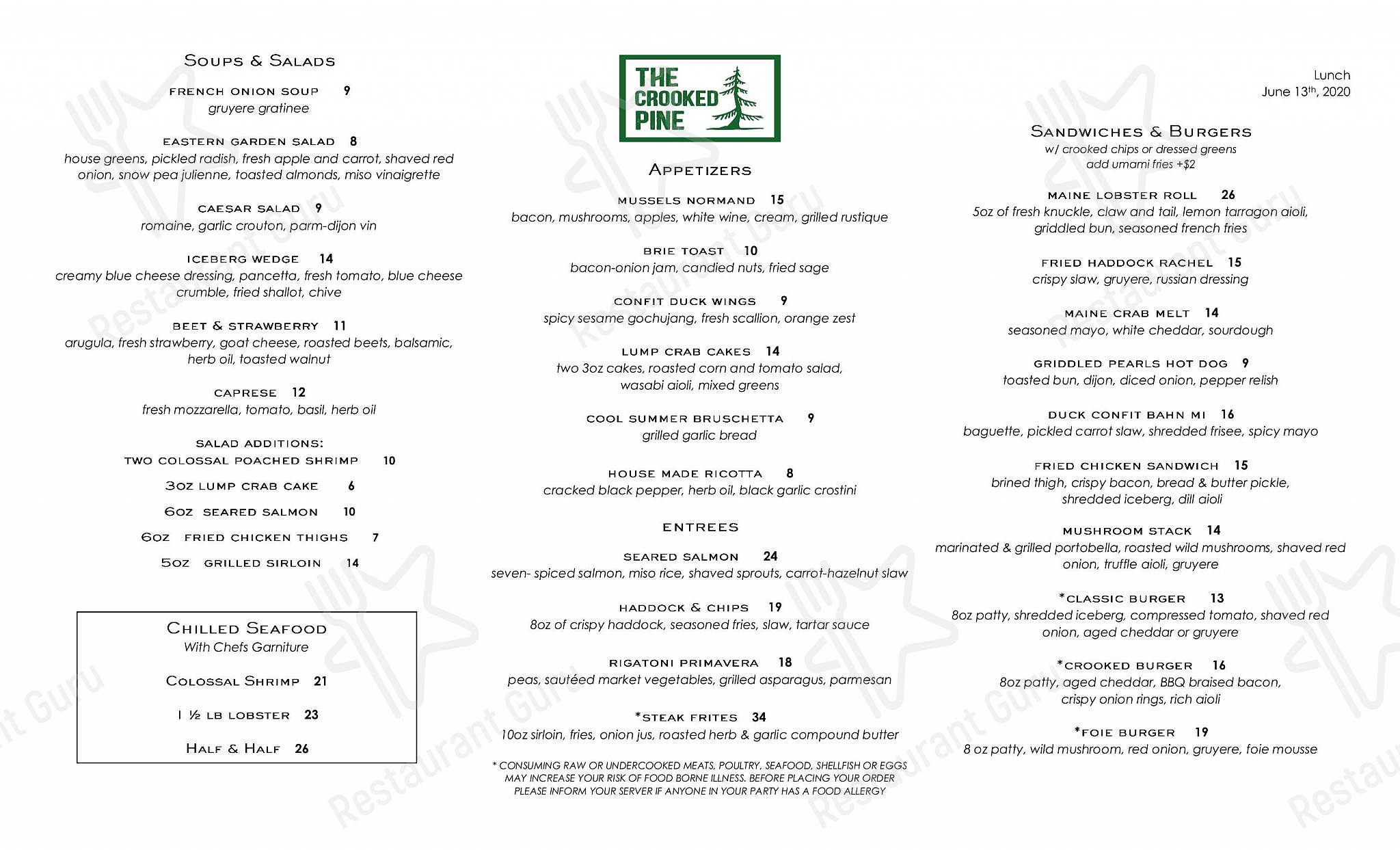 Menu at The Crooked Pine pub & bar, Ogunquit
