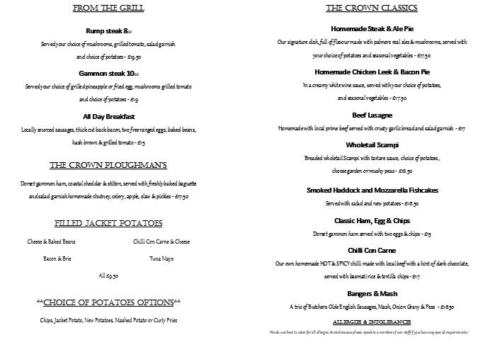 Menu at The Crown Inn pub & bar, Bridport