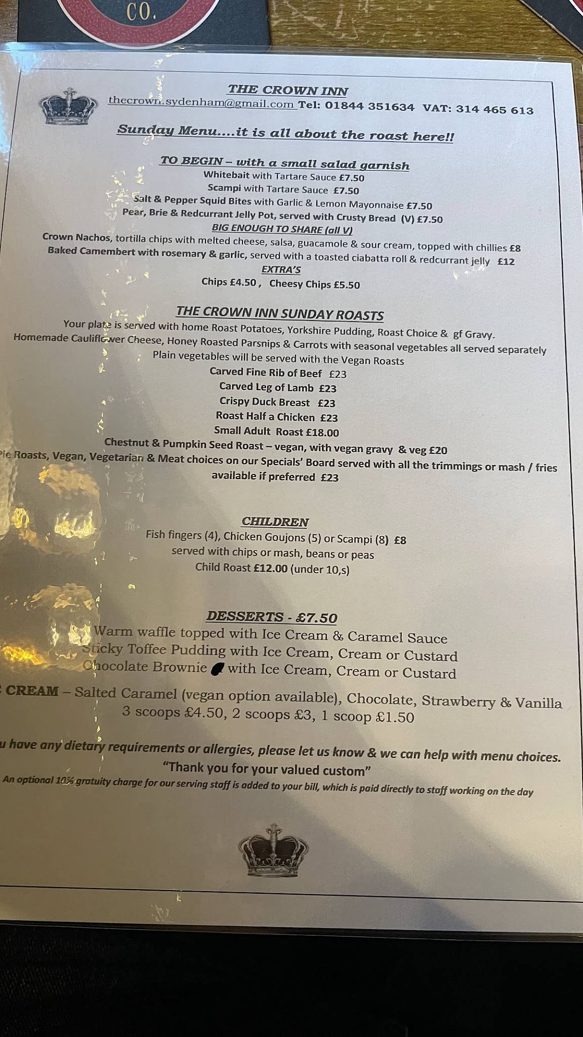 Menu at The Crown Inn at Sydenham pub & bar, Sydenham