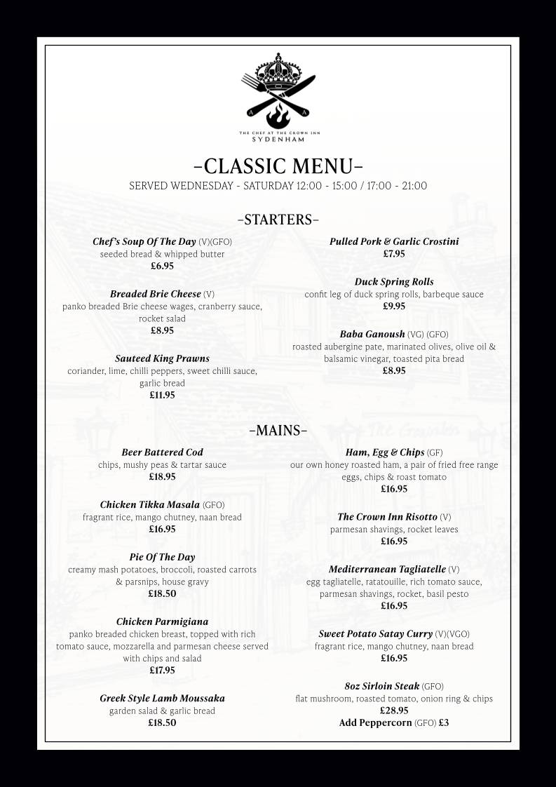 Menu at The Crown Inn at Sydenham pub & bar, Sydenham