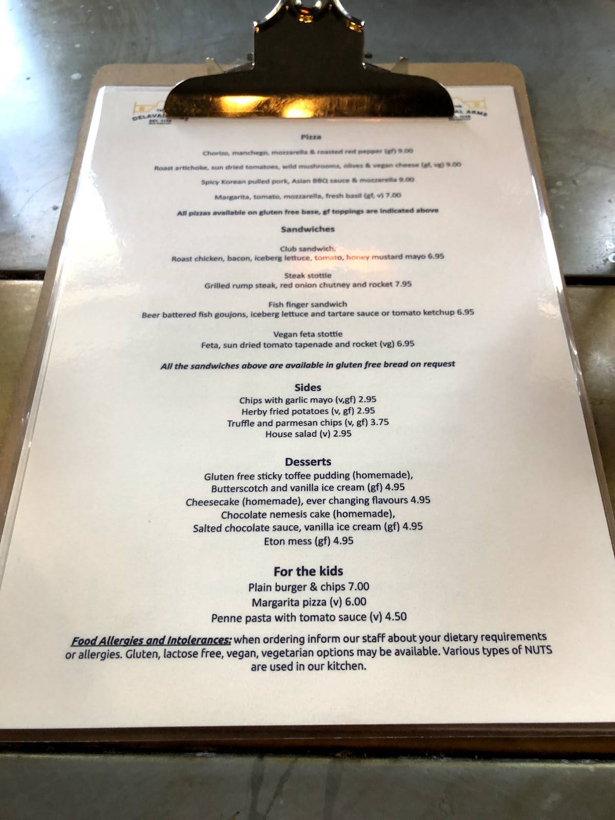 Menu at The Delaval Arms pub & bar, Whitley Bay