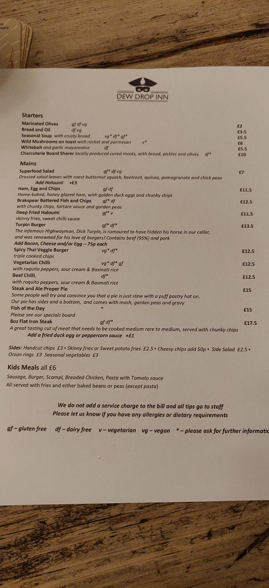 Menu at The Dew Drop Inn pub & bar, Hurley
