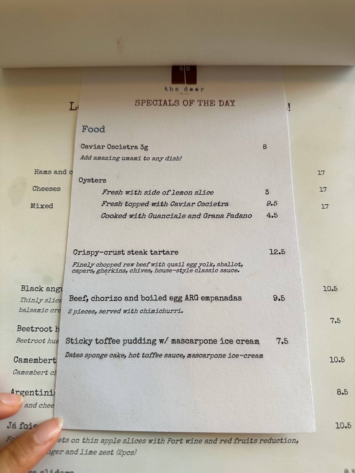 Menu at The Door restaurant, Porto