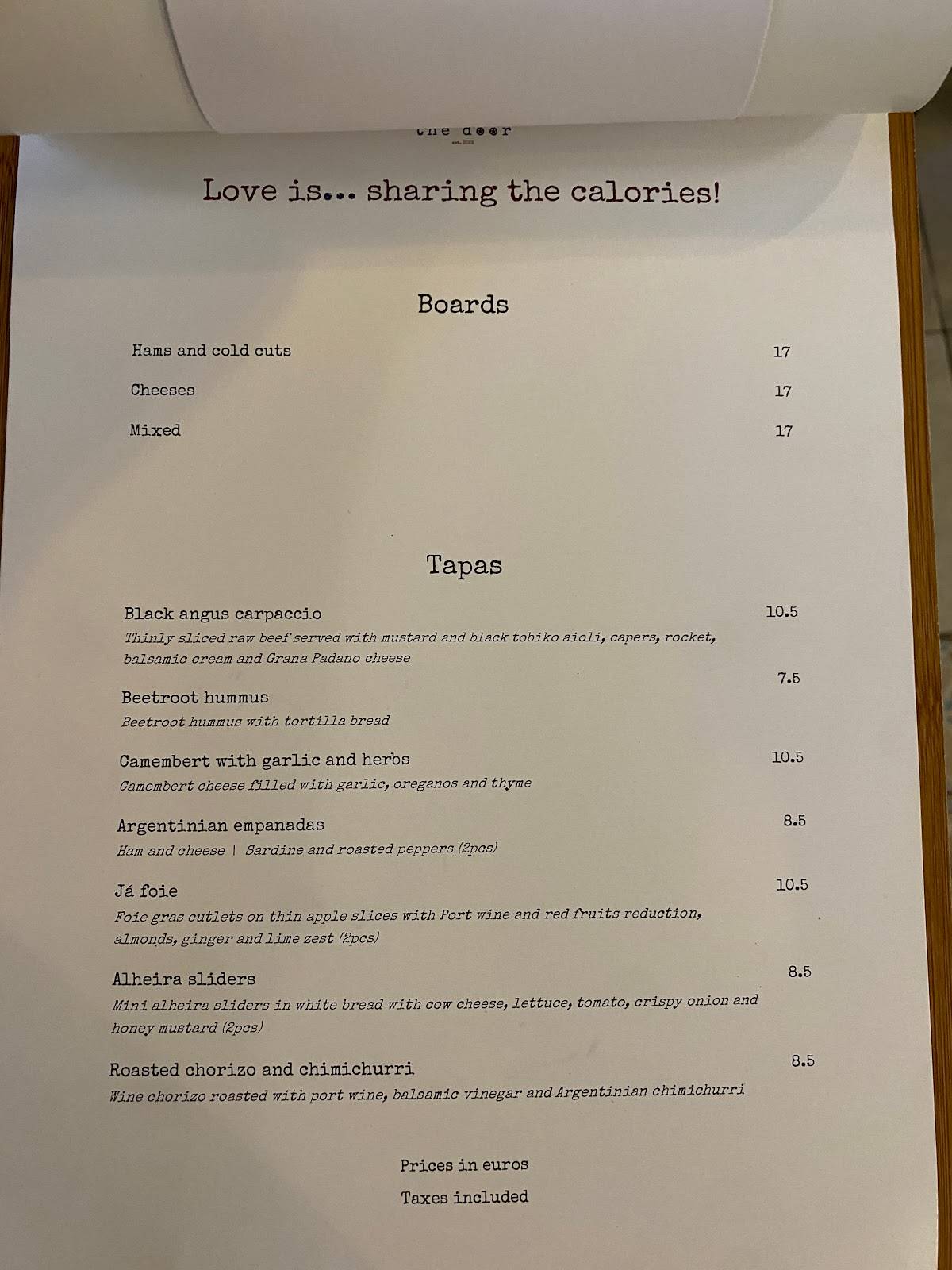 Menu at The Door restaurant, Porto
