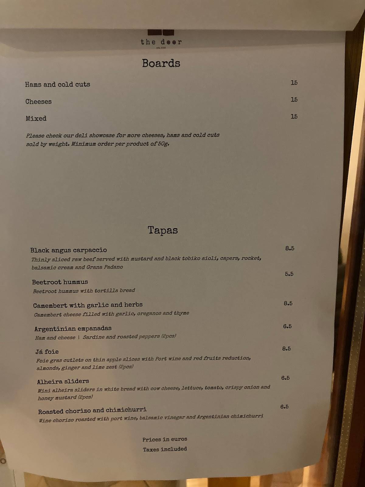Menu at The Door restaurant, Porto