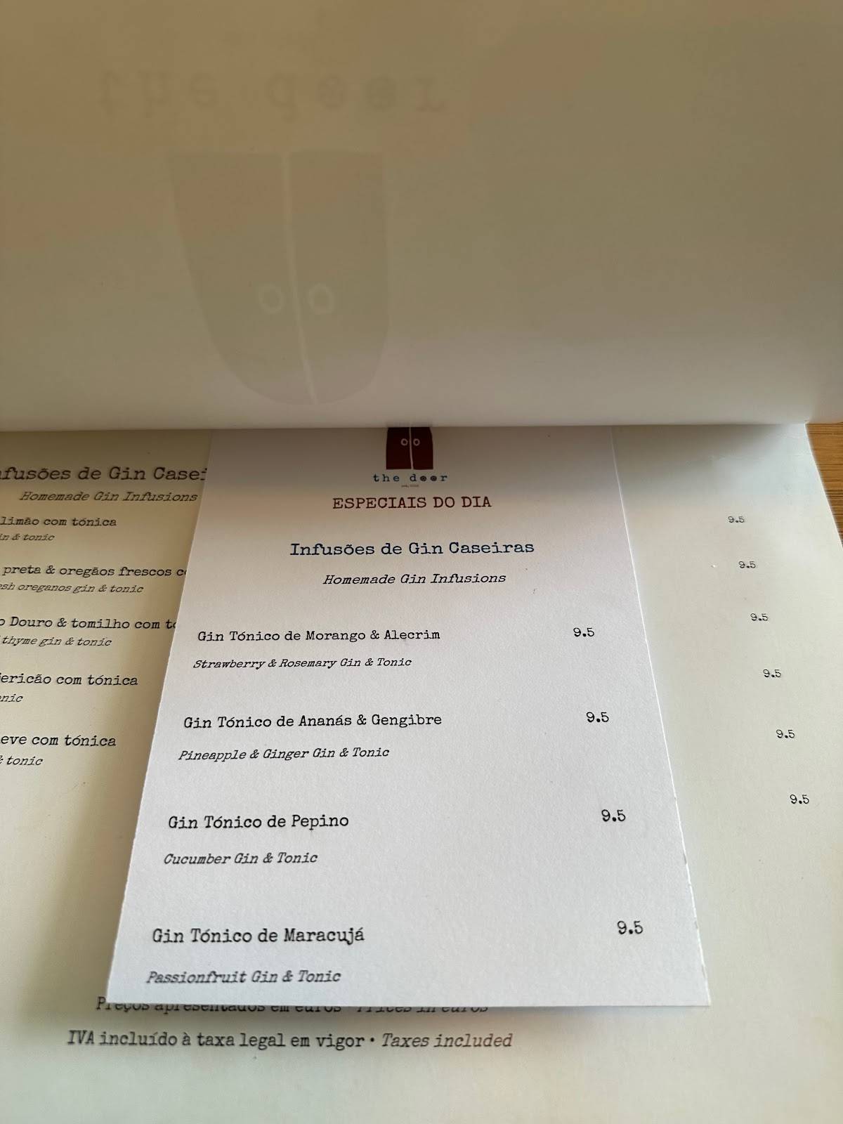 Menu at The Door restaurant, Porto