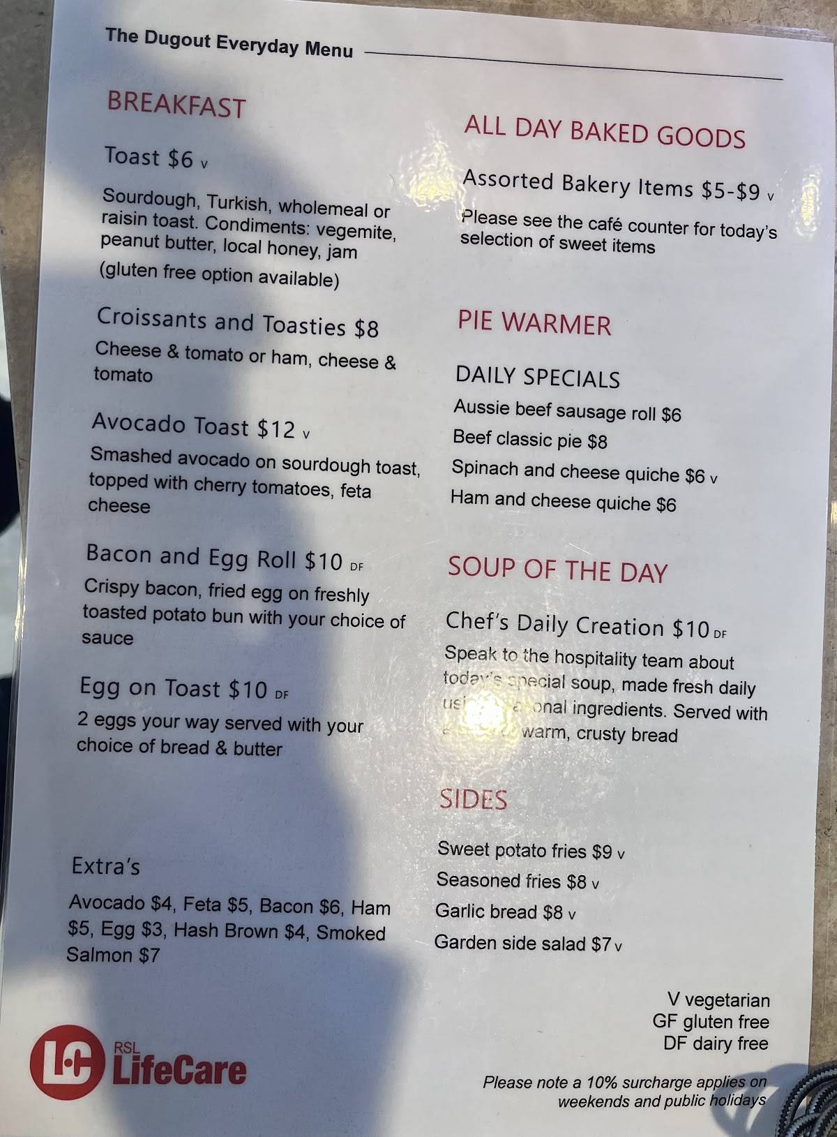 Menu at The Dugout Cafe, Gallipoli Building, Narrabeen