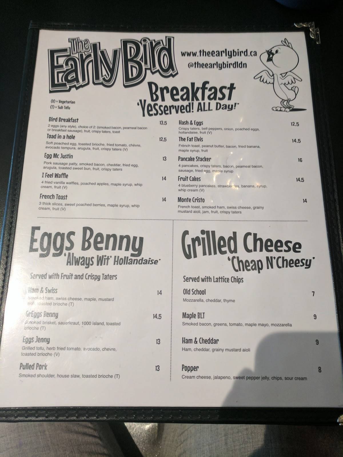 Menu at The Early Bird restaurant, London