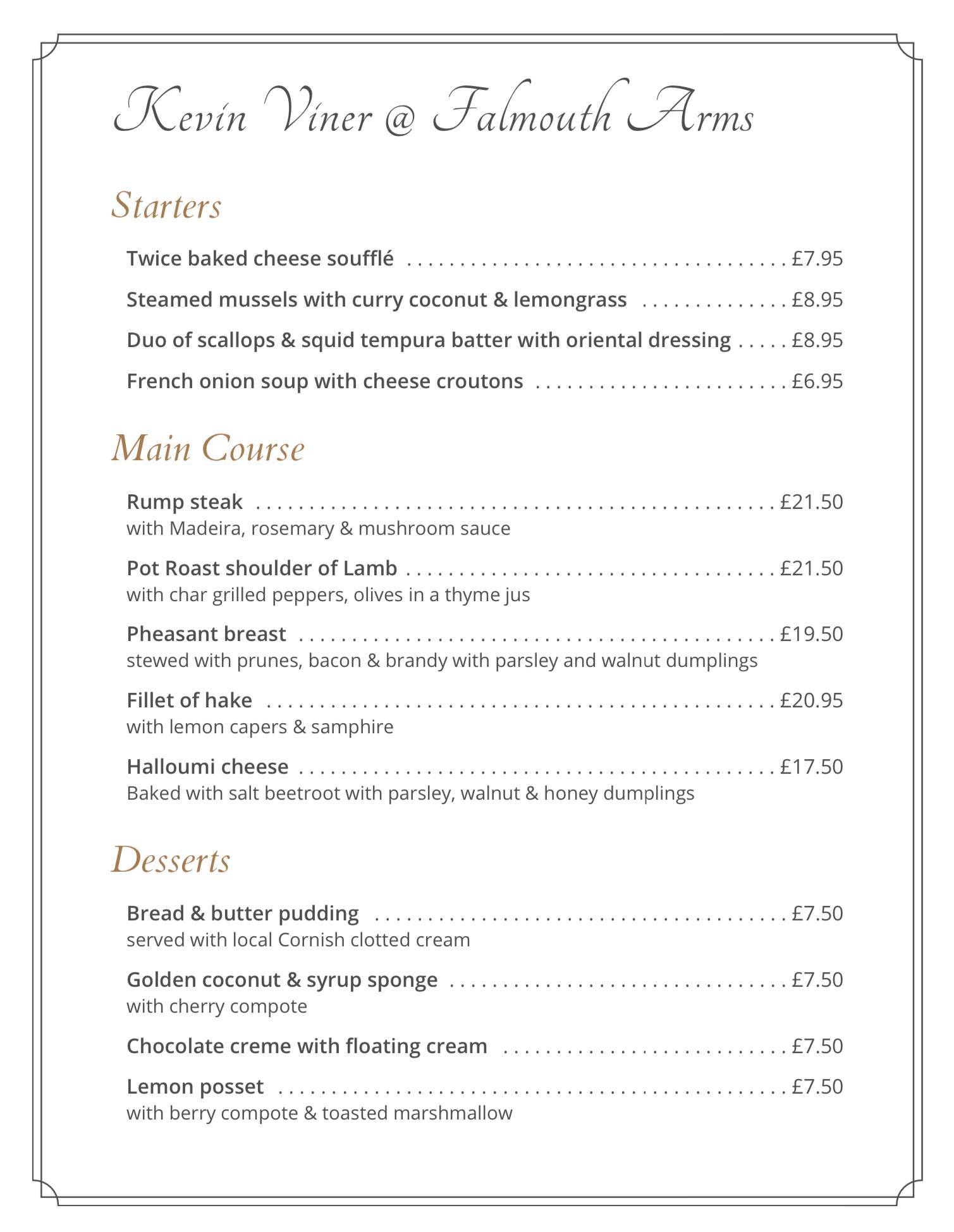 Menu at The Falmouth Arms pub & bar, Ladock