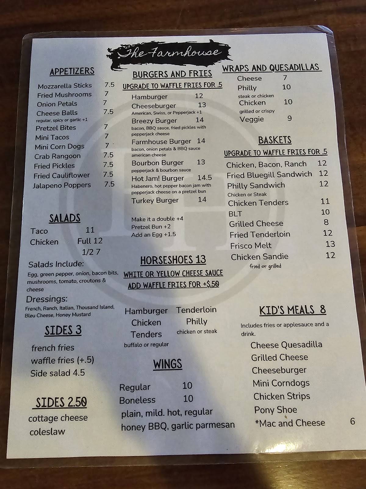 Menu at The Farmhouse restaurant, Delavan
