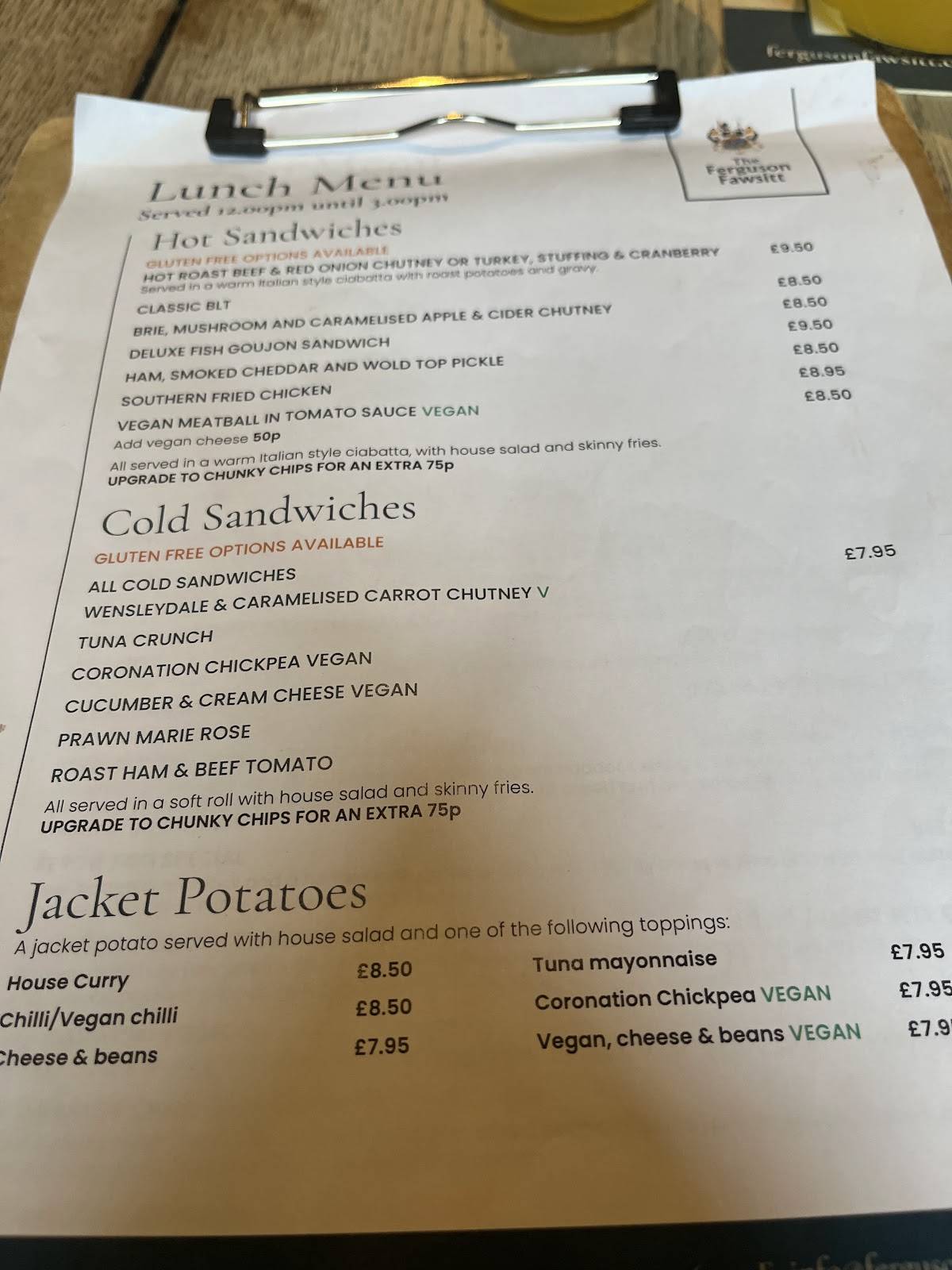 Menu at The Ferguson Fawsitt restaurant, Beverley