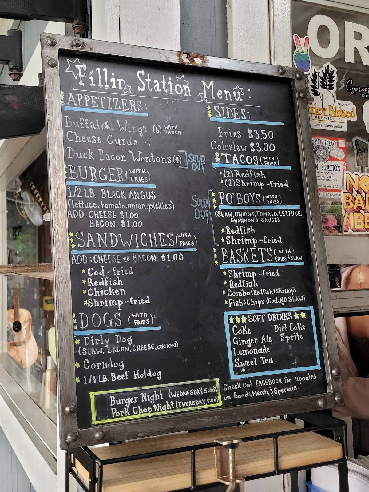 Menu at The Fillin' Station pub & bar, Beaufort