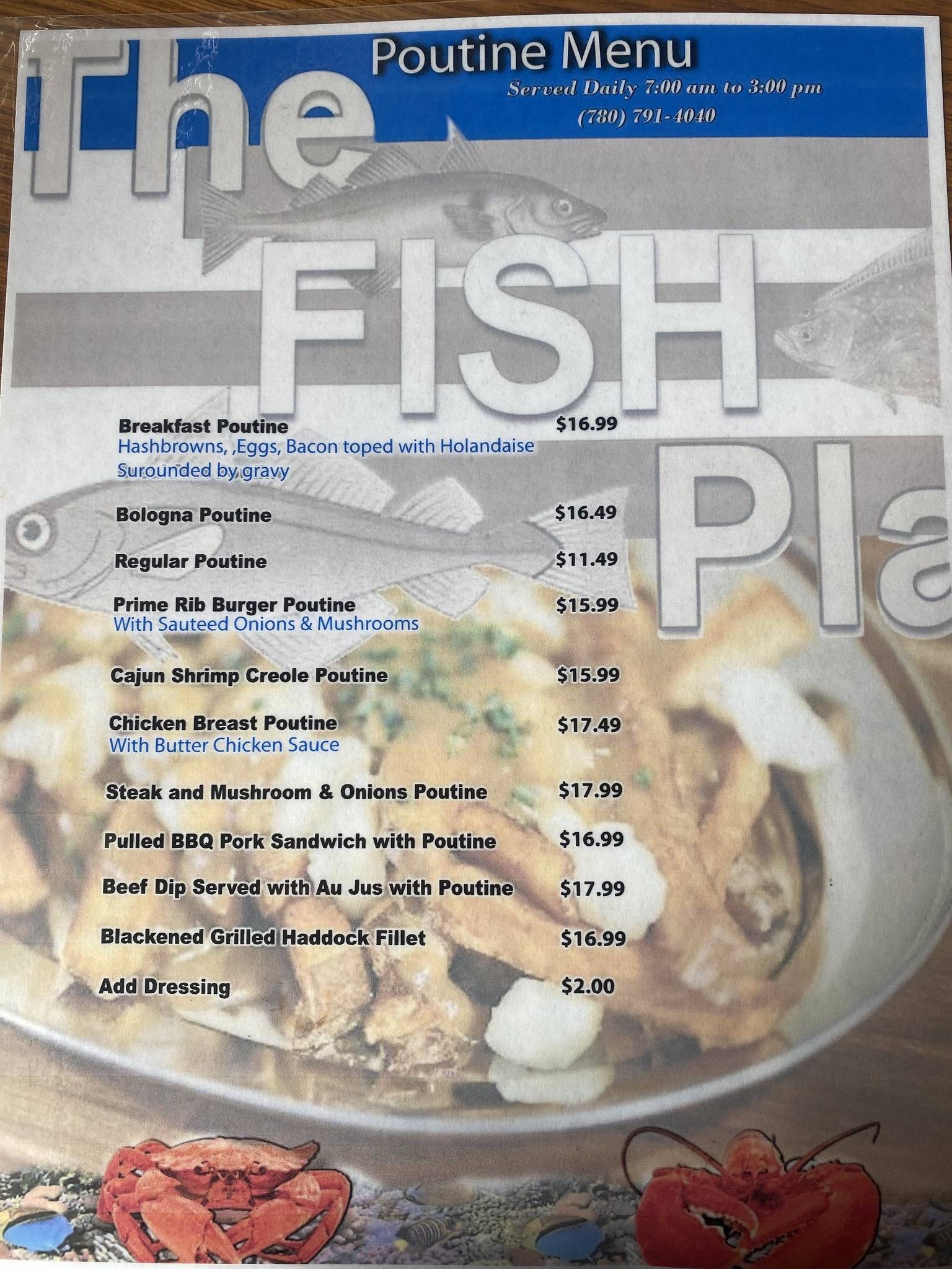 Menu at The Fish Place restaurant, Fort McMurray