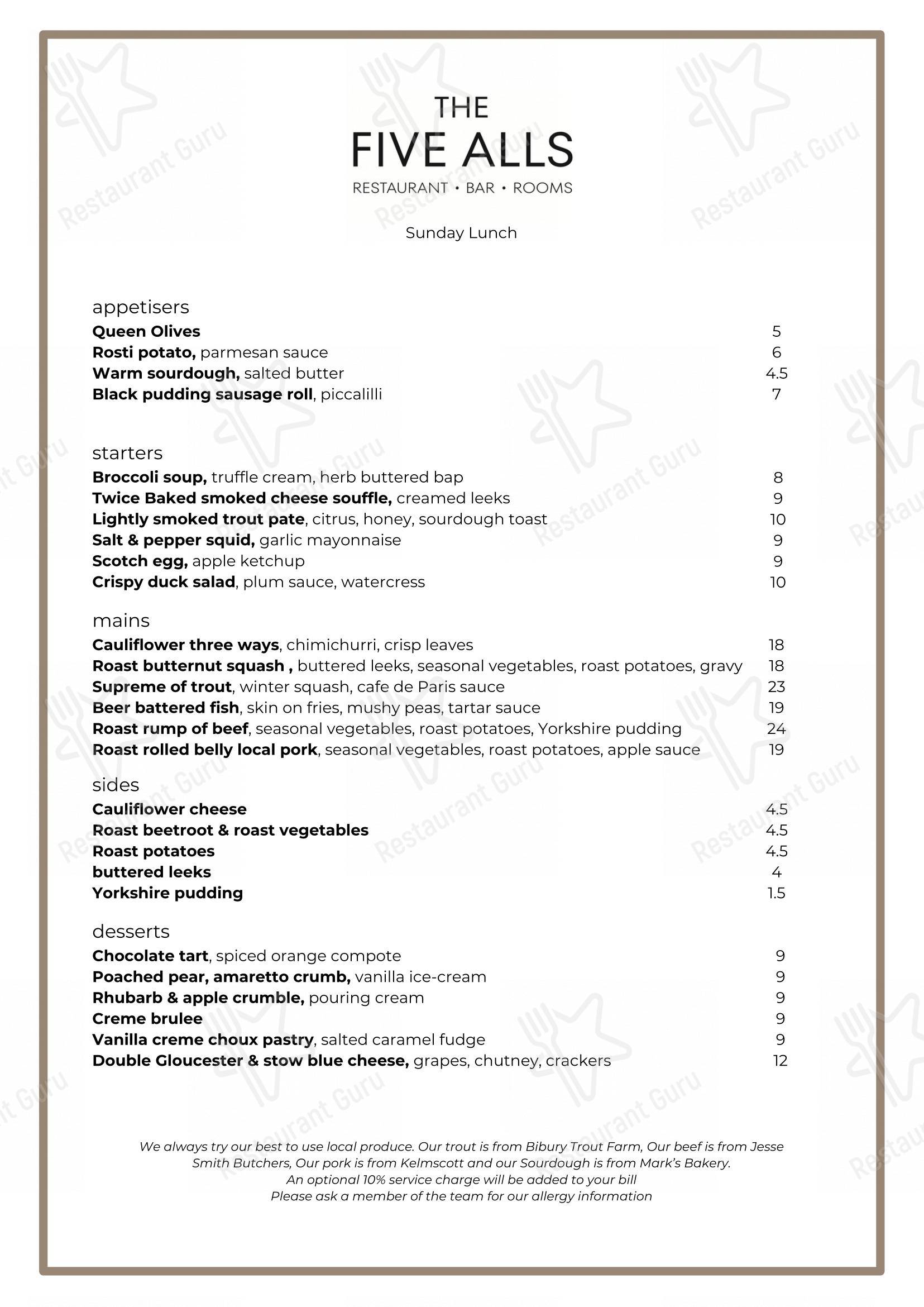 Menu at The Five Alls pub & bar, Lechlade