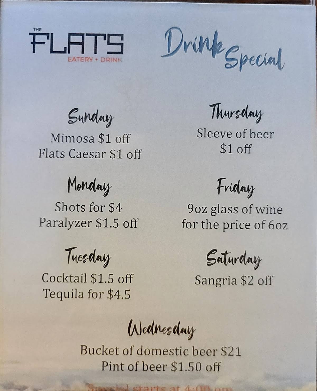 Menu au The Flats Eatery + Drink restaurant, Regina
