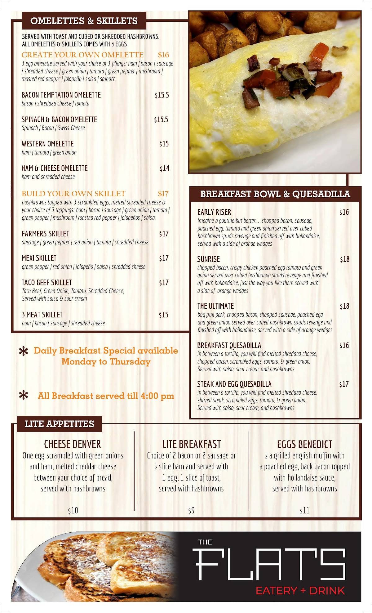 Menu au The Flats Eatery + Drink restaurant, Regina