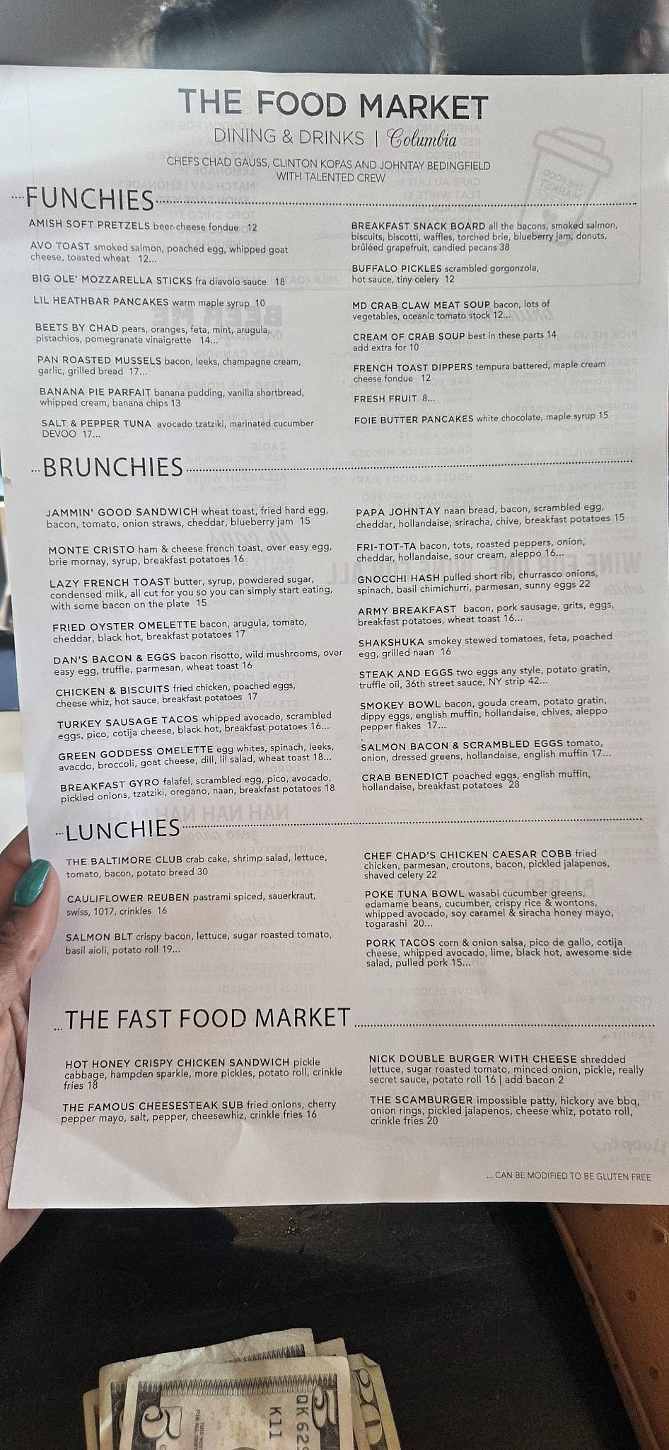 Menu at The Food Market restaurant, Columbia