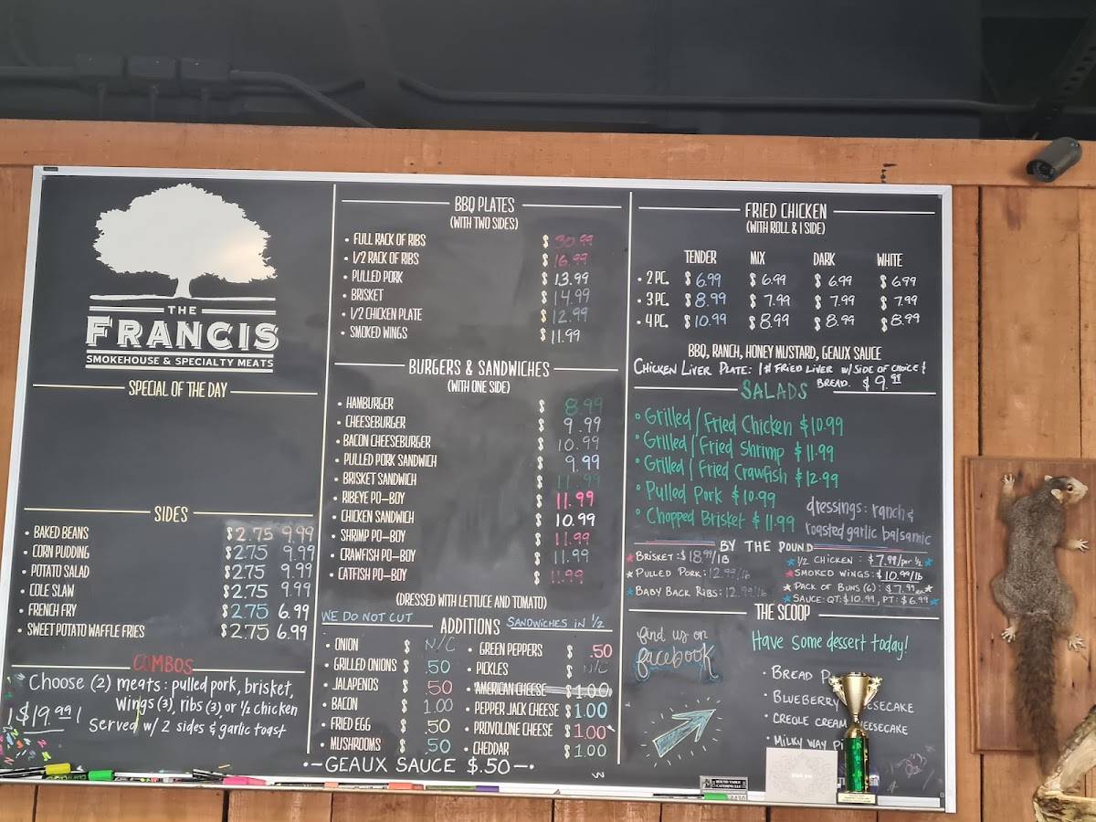 Menu at The Francis Smokehouse & Specialty Meats BBQ, Saint Francisville