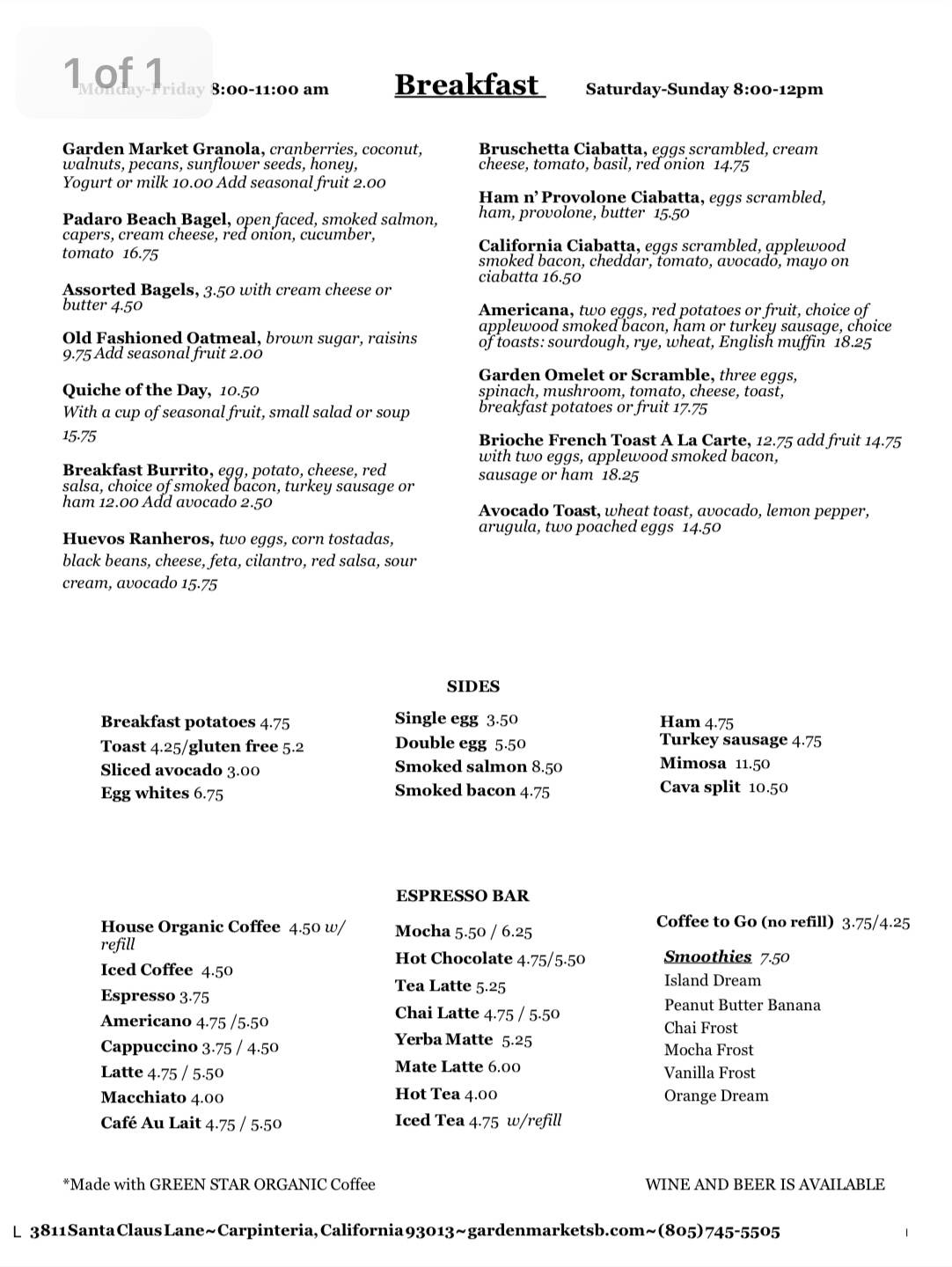 Menu at The Garden Market restaurant, Carpinteria