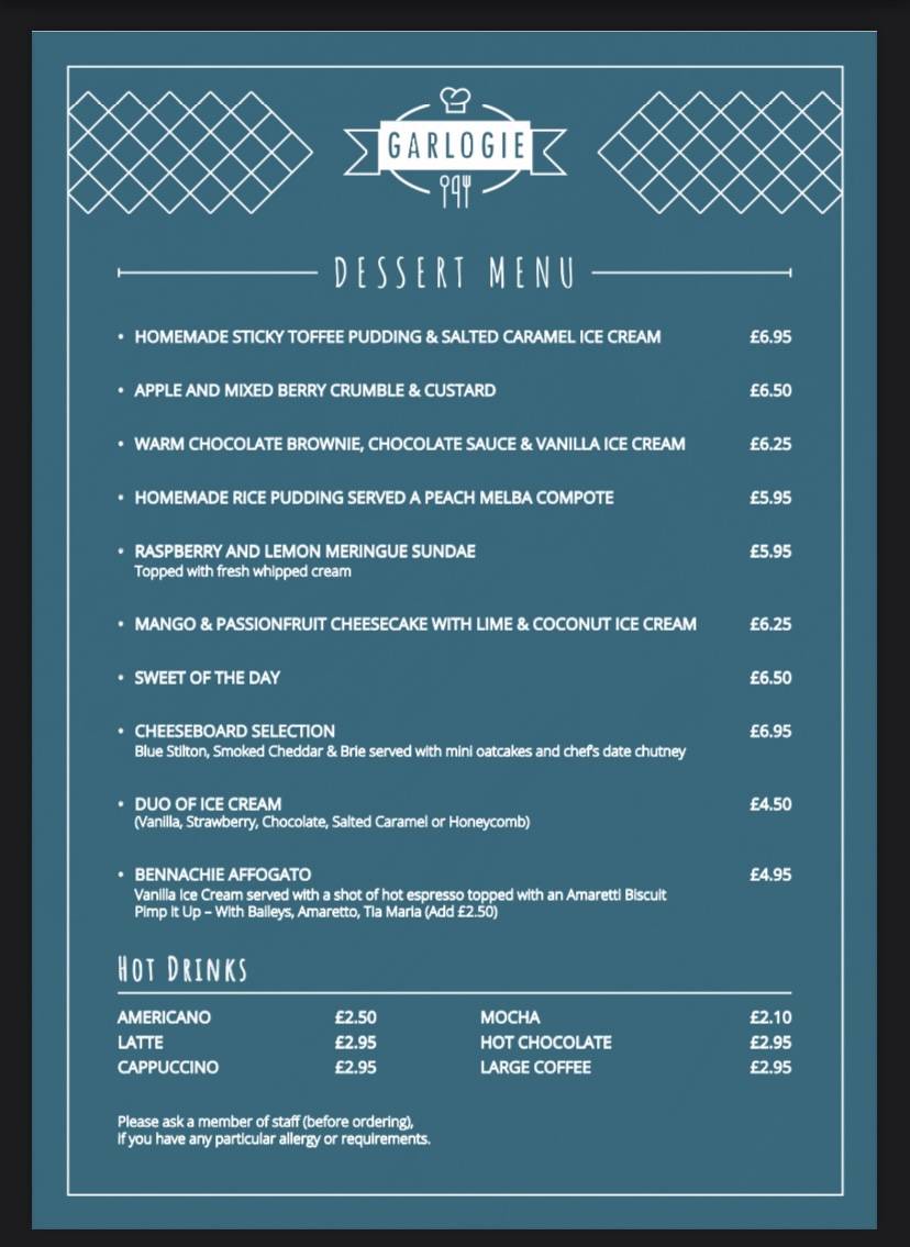 Menu at The Garlogie Inn pub & bar, Garlogie