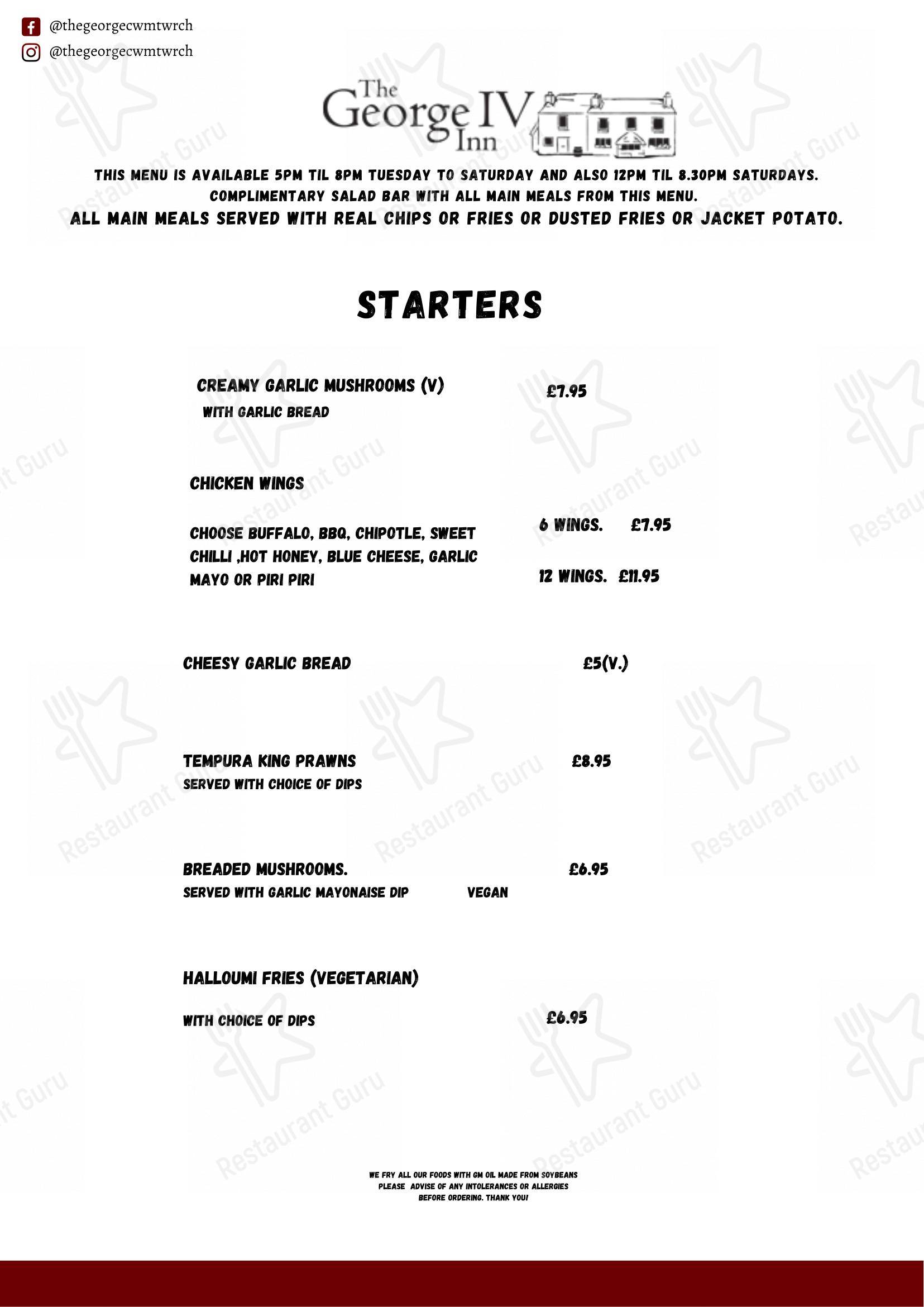 Menu at The George IV Inn restaurant, Ystalyfera, Heol Gwys