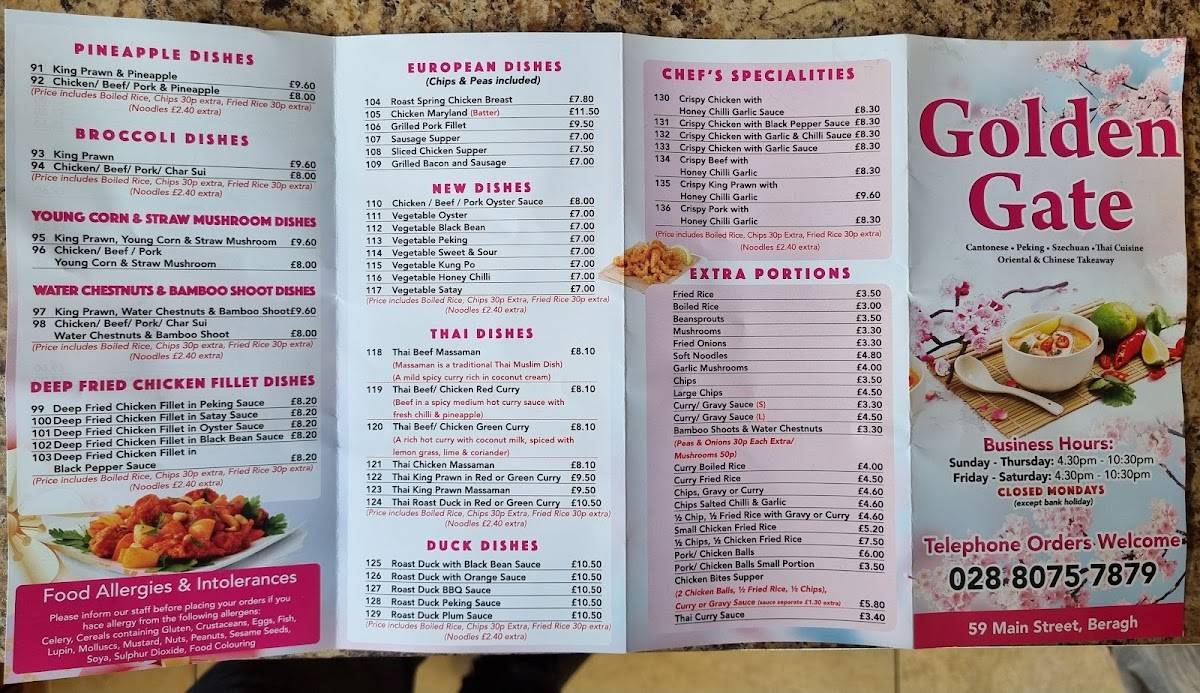 Menu at The Golden Gate restaurant, Beragh, 59 Main St