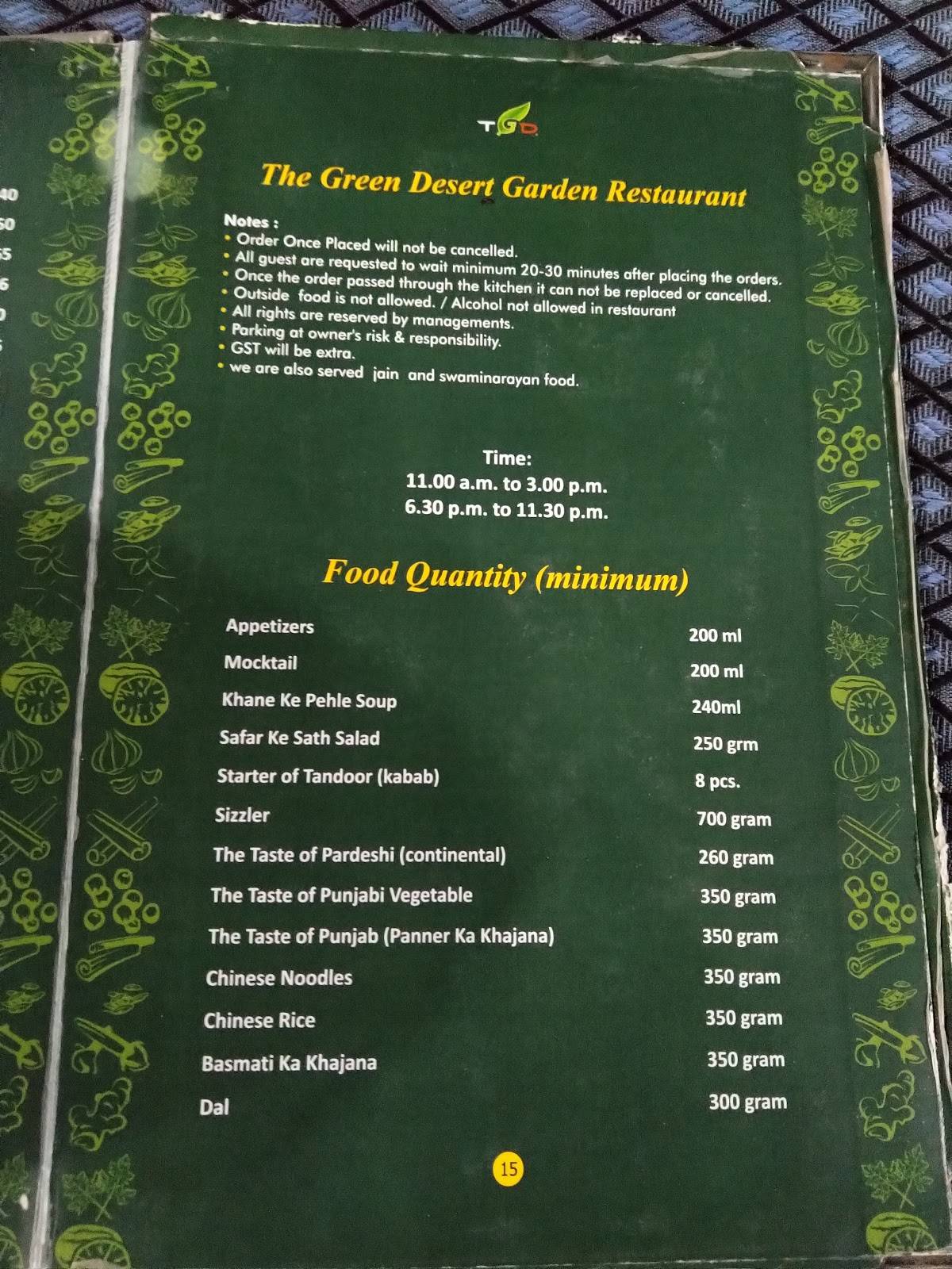 Menu at The Green Desert Garden Restaurant, Ahmedabad