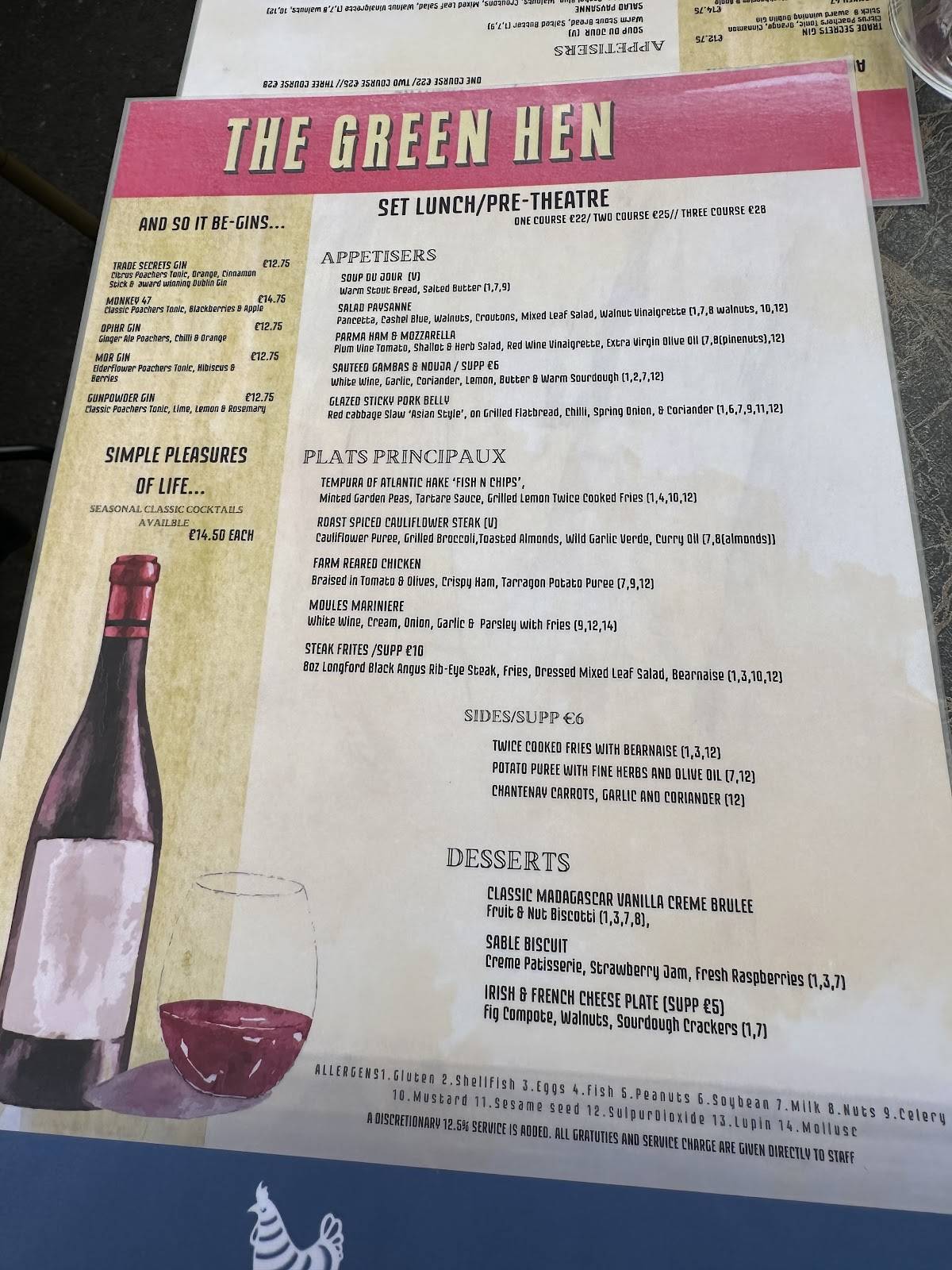 Menu at The Green Hen restaurant, Dublin