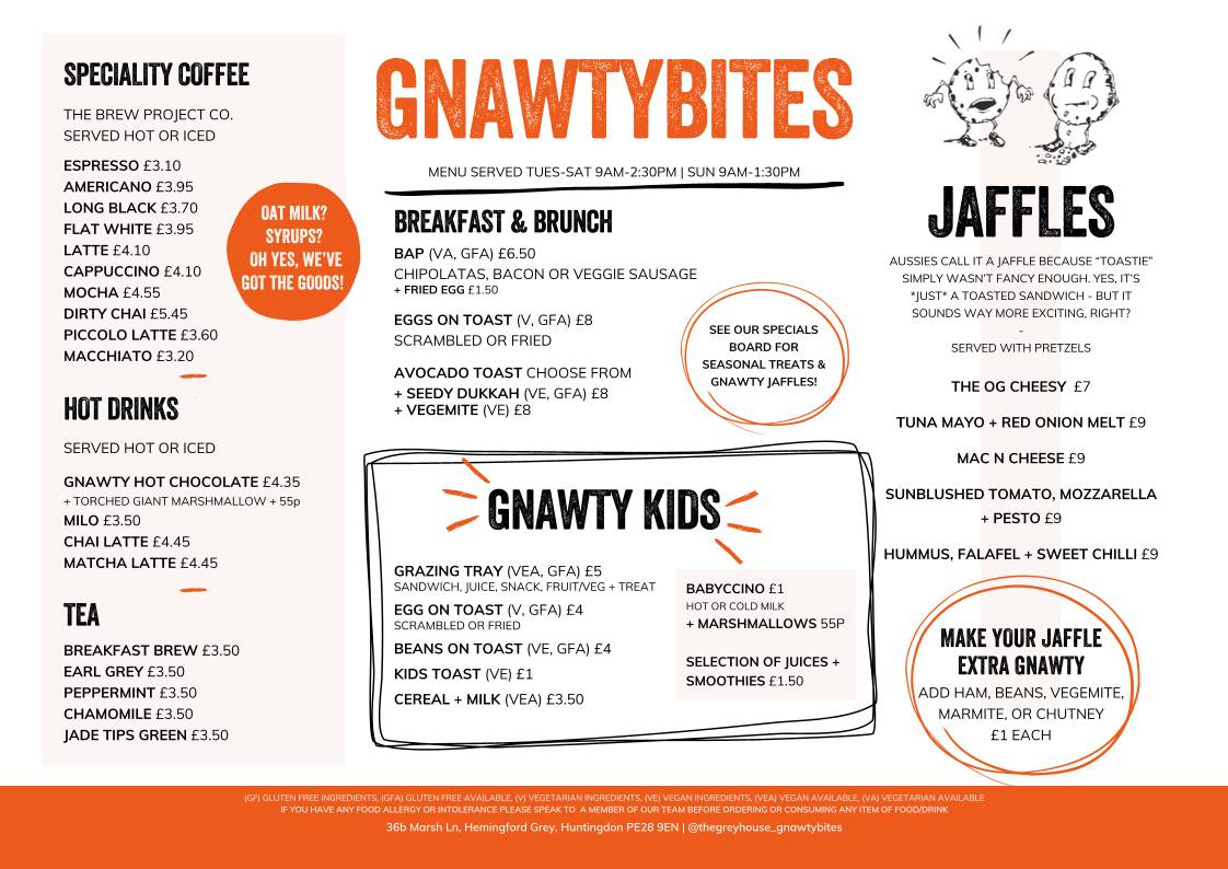 Menu at The Grey House Coffee Gnawtybites restaurant, Fenstanton