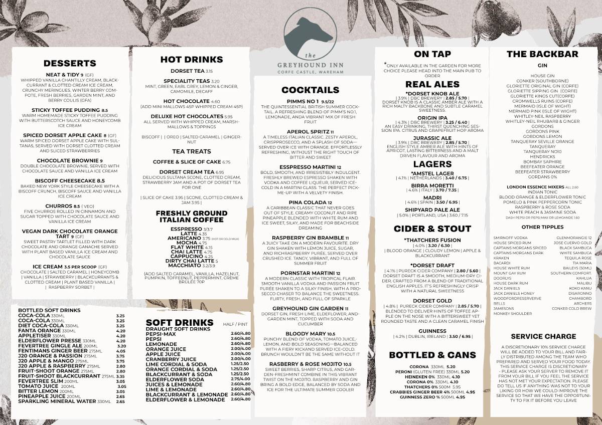 Menu at The Greyhound Inn pub & bar, Corfe Castle