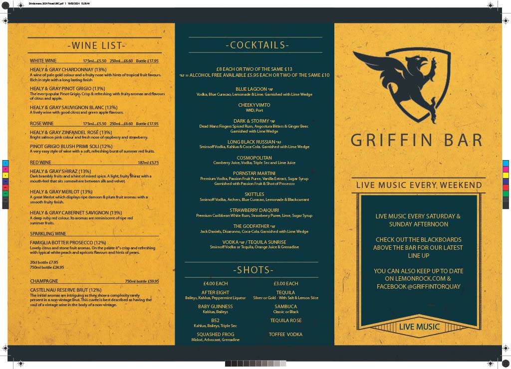 Menu at The Griffin Bar, Torquay