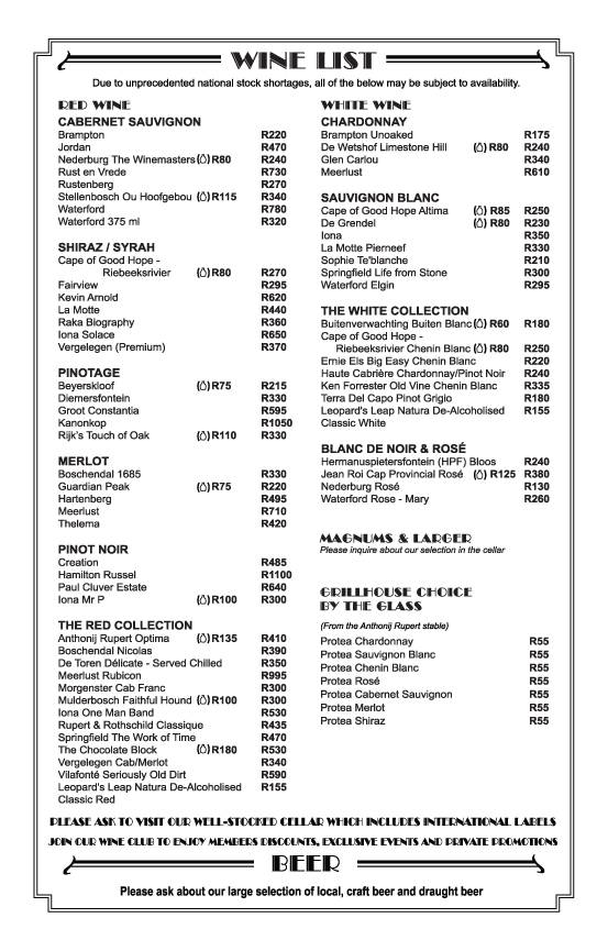 Menu at The Grillhouse Melrose Arch steakhouse, Johannesburg, Melrose Arch