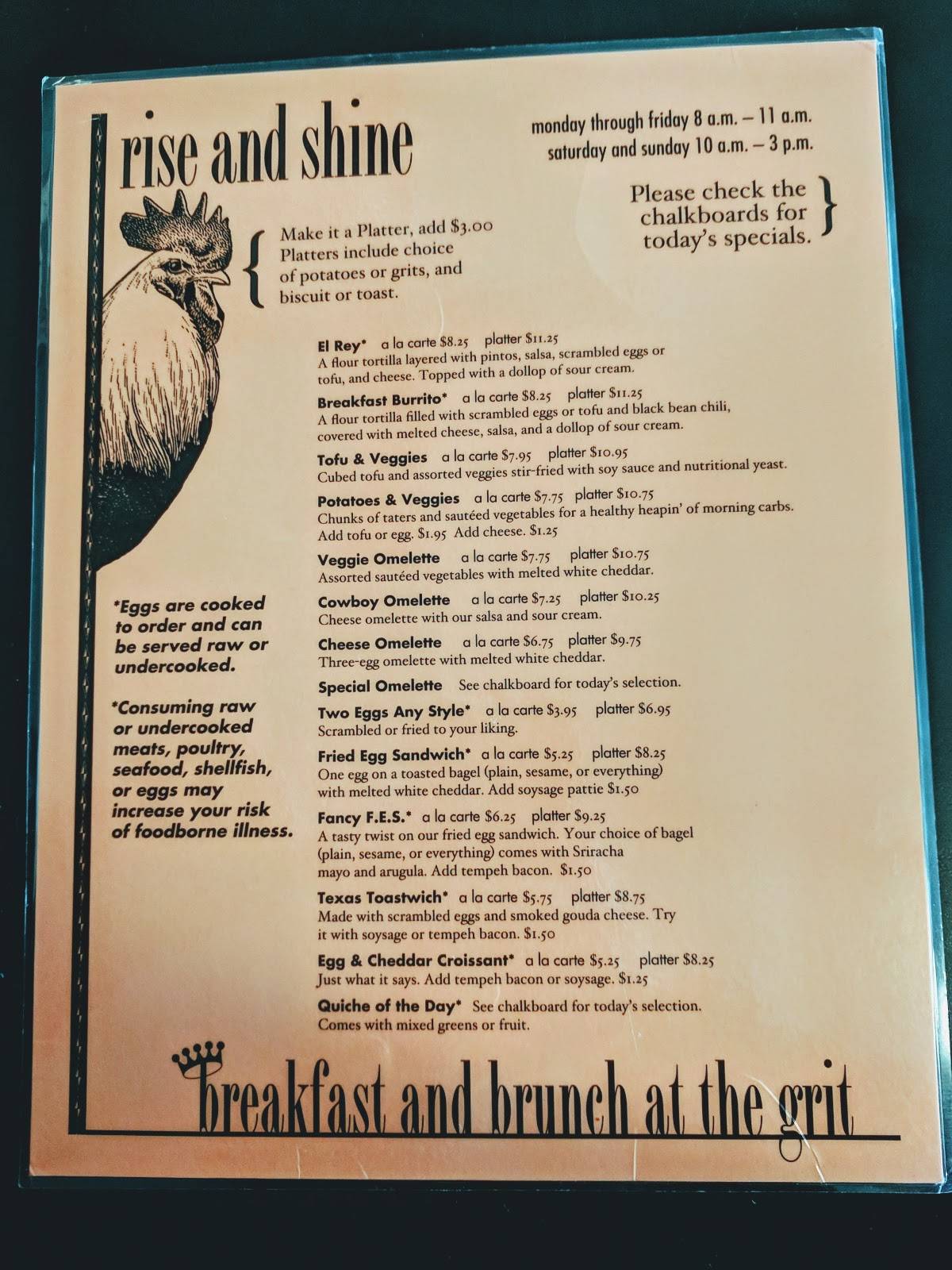Menu at The Grit restaurant, Athens