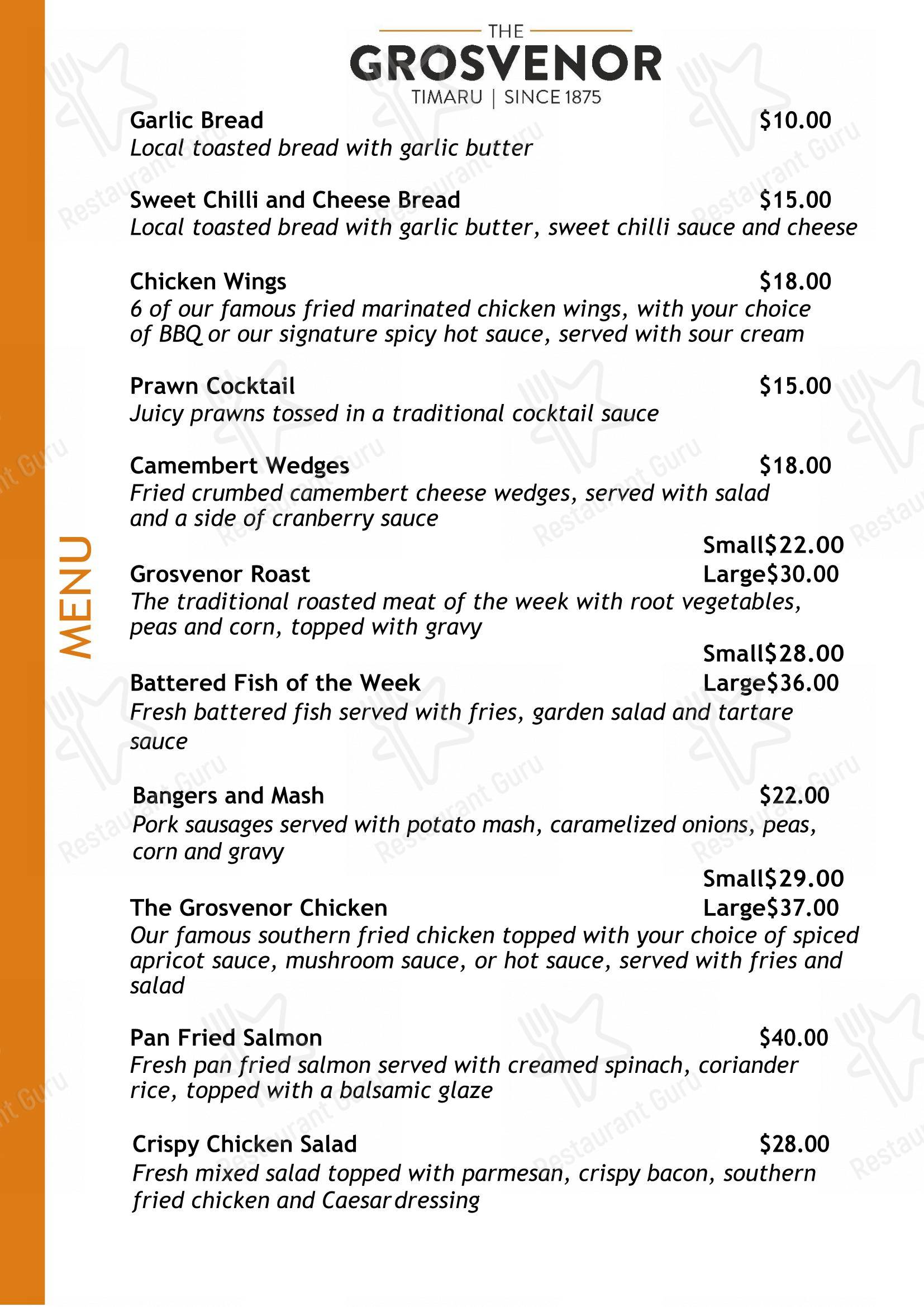 Menu at The Grosvenor pub & bar, Timaru