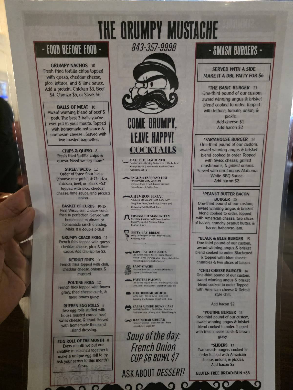 Menu at The Grumpy Mustache restaurant, Murrells Inlet, US-17 BUS A