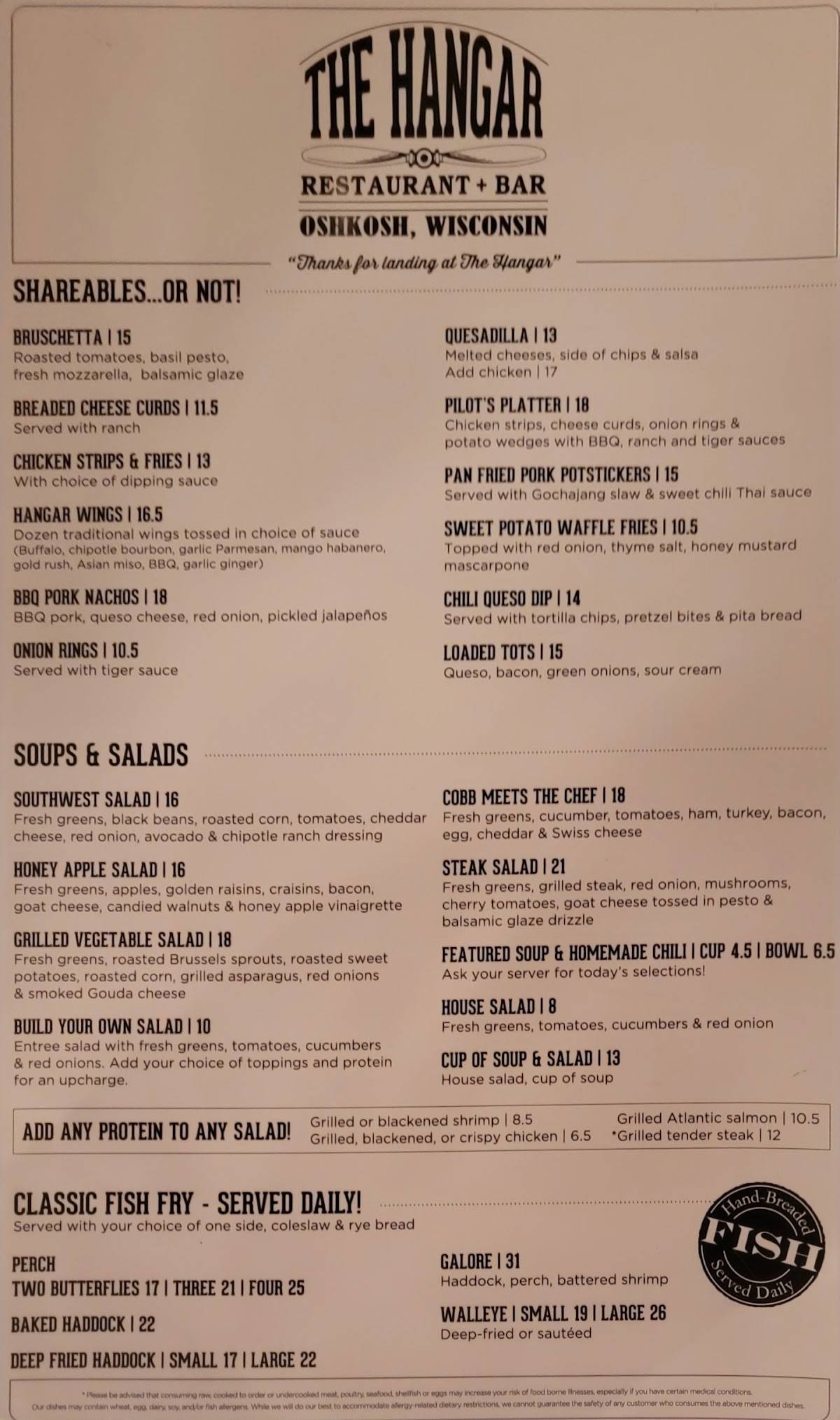 Menu at The Hangar Bar and Grill, Oshkosh