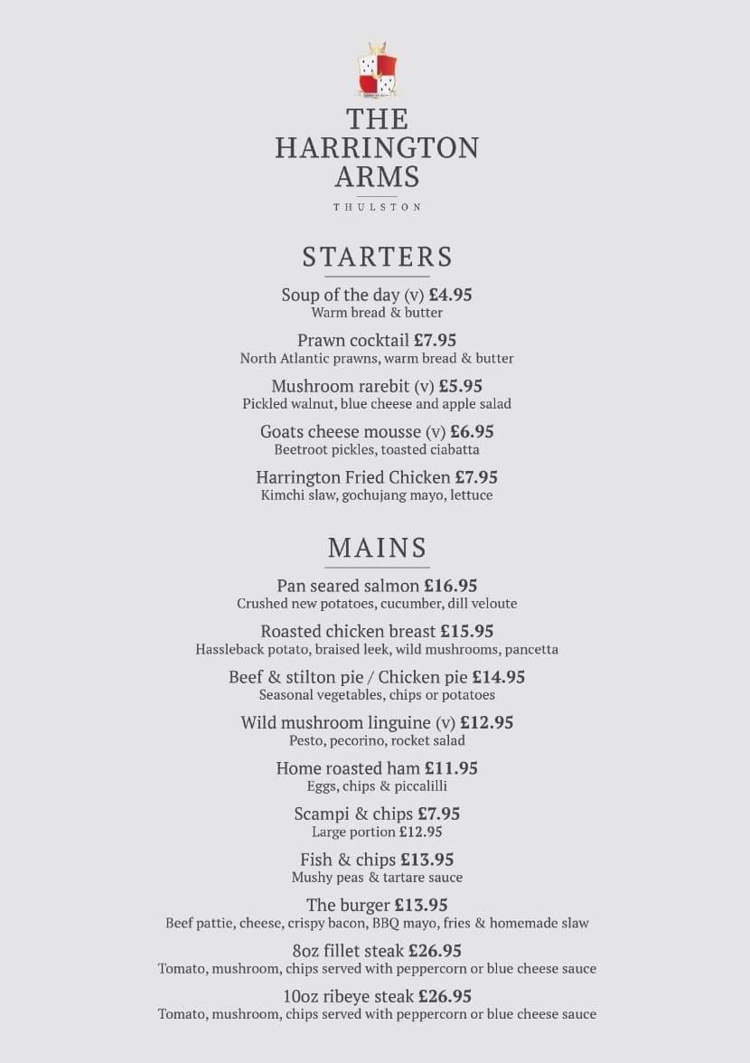 Menu at The Harrington Arms restaurant, Derby