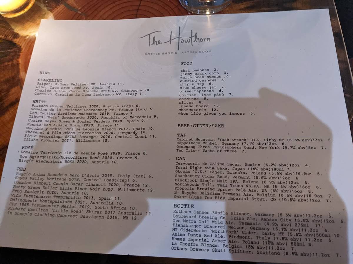 Menu at The Hawthorn Bottle Shop and Tasting Room pub & bar, Helena