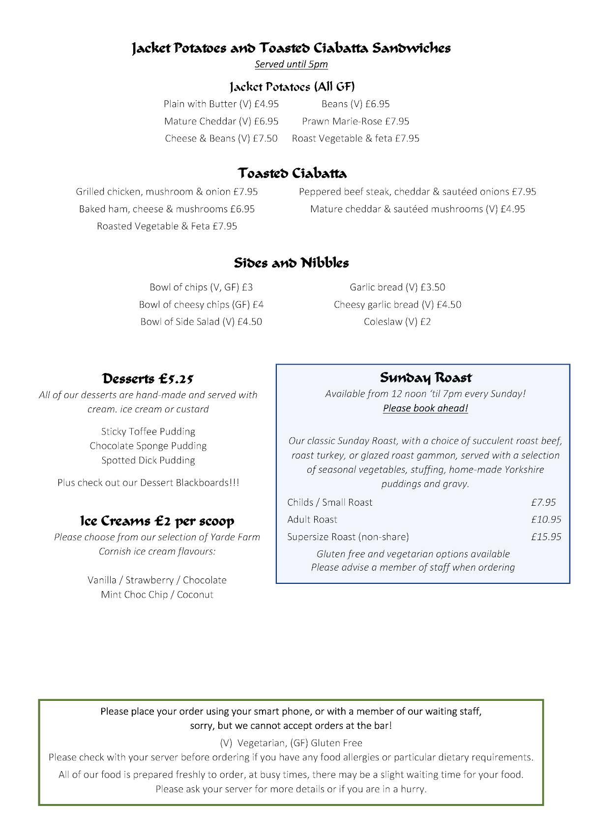 Menu at The Highwayman pub & bar, Liskeard