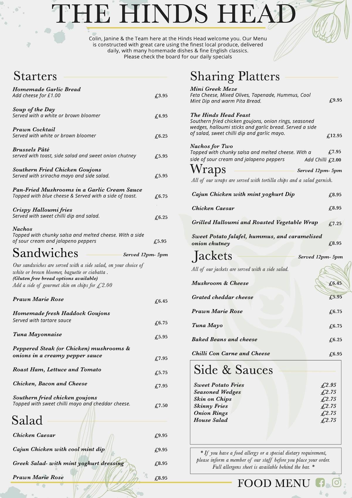 Menu at The Hinds Head pub & bar, Stockport